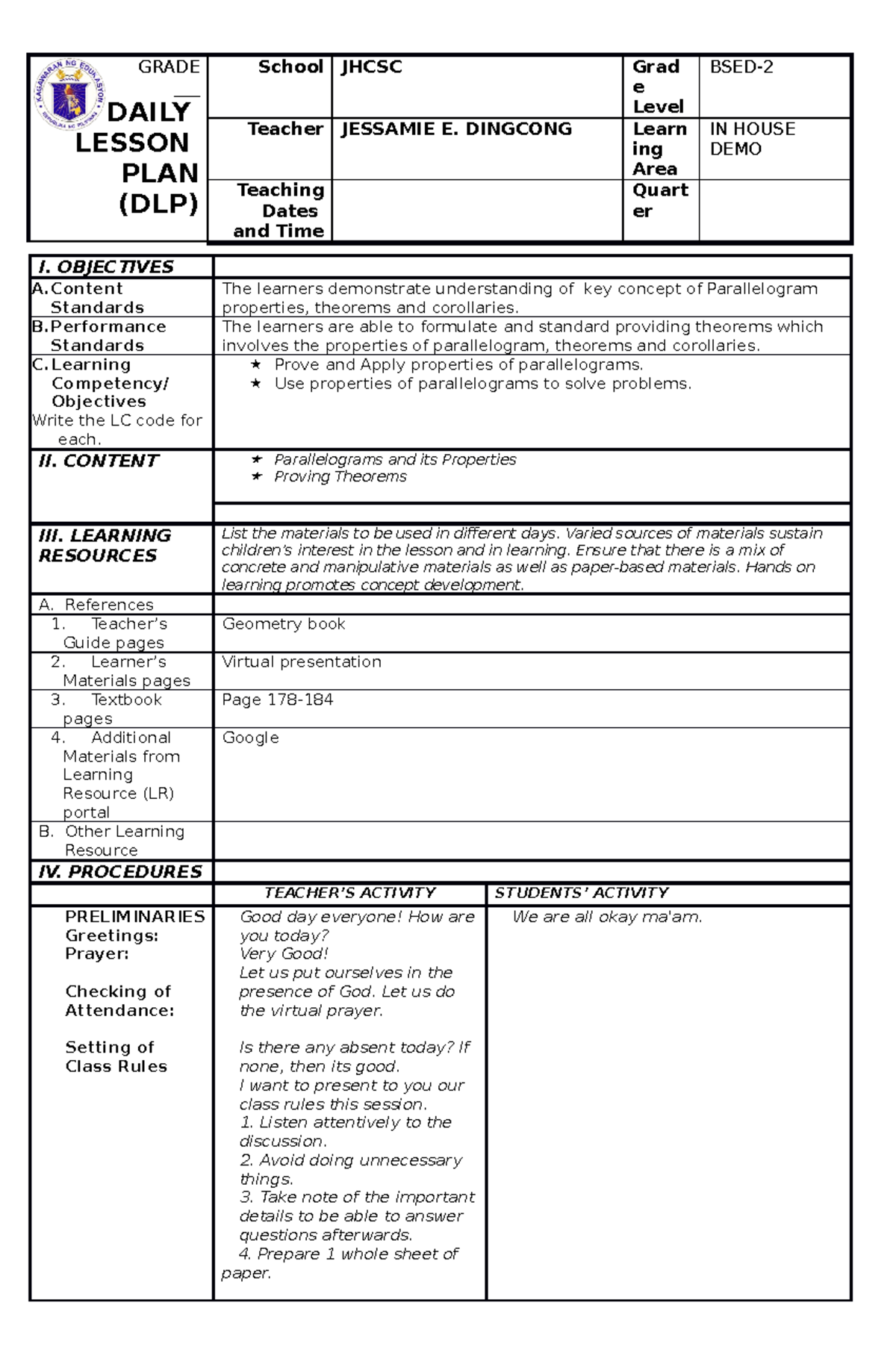 Lp-parallelogram Final Example - GRADE ___ DAILY LESSON PLAN (DLP ...