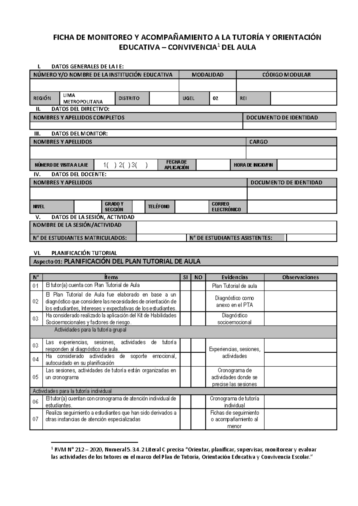 Ficha de monitoreo a la tutoria en el aula-2024 - FICHA DE MONITOREO Y ACOMPAÑAMIENTO A LA ...
