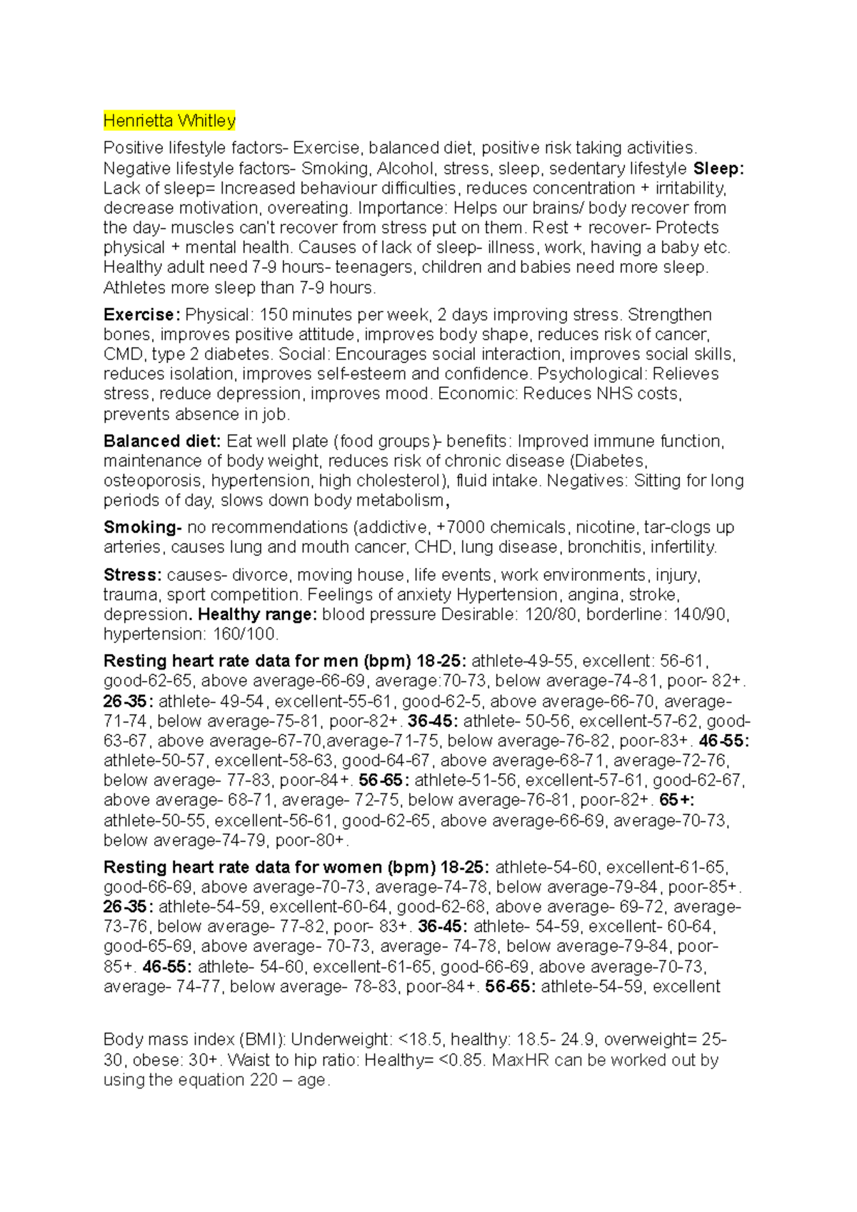 Exam notes- Trevor - Henrietta Whitley Positive lifestyle factors ...