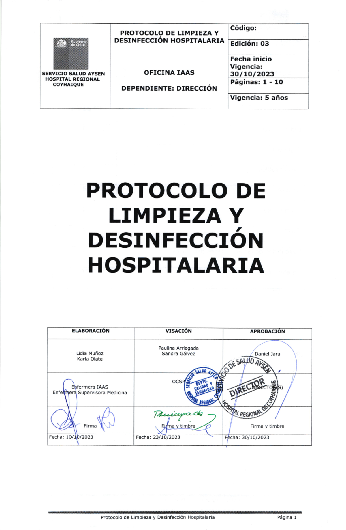 Protocolo limpieza y desinfeccion hospitalaria ED 3 - SERVICIO SALUD AYSEN HOSPITAL REGIONAL ...