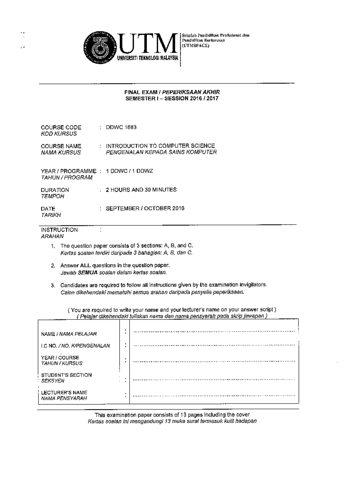 Final Examination Paper - Introduction to Computer Science - Studocu