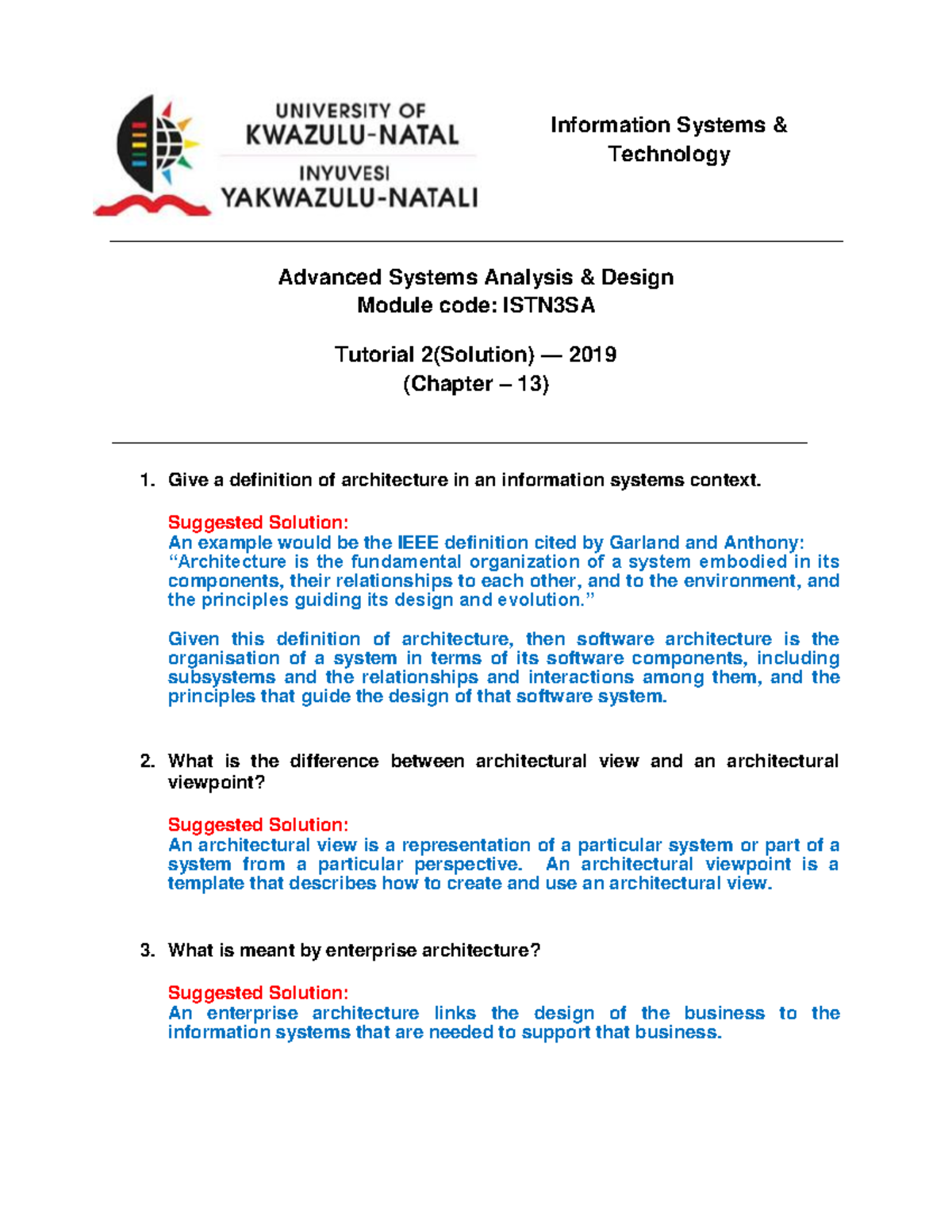 ISTN3SA Tutorial 2 Chapter 13 - Solution - Information Systems ...