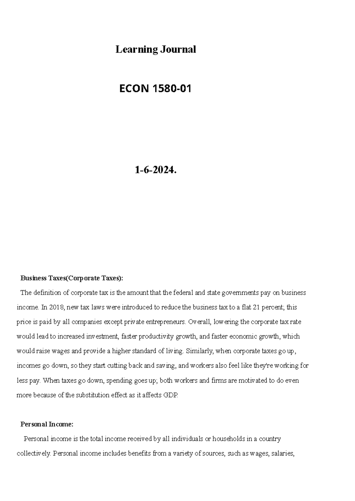 Learning Journal Unit 8 ECON 1580 week 8 course work and madatory ...