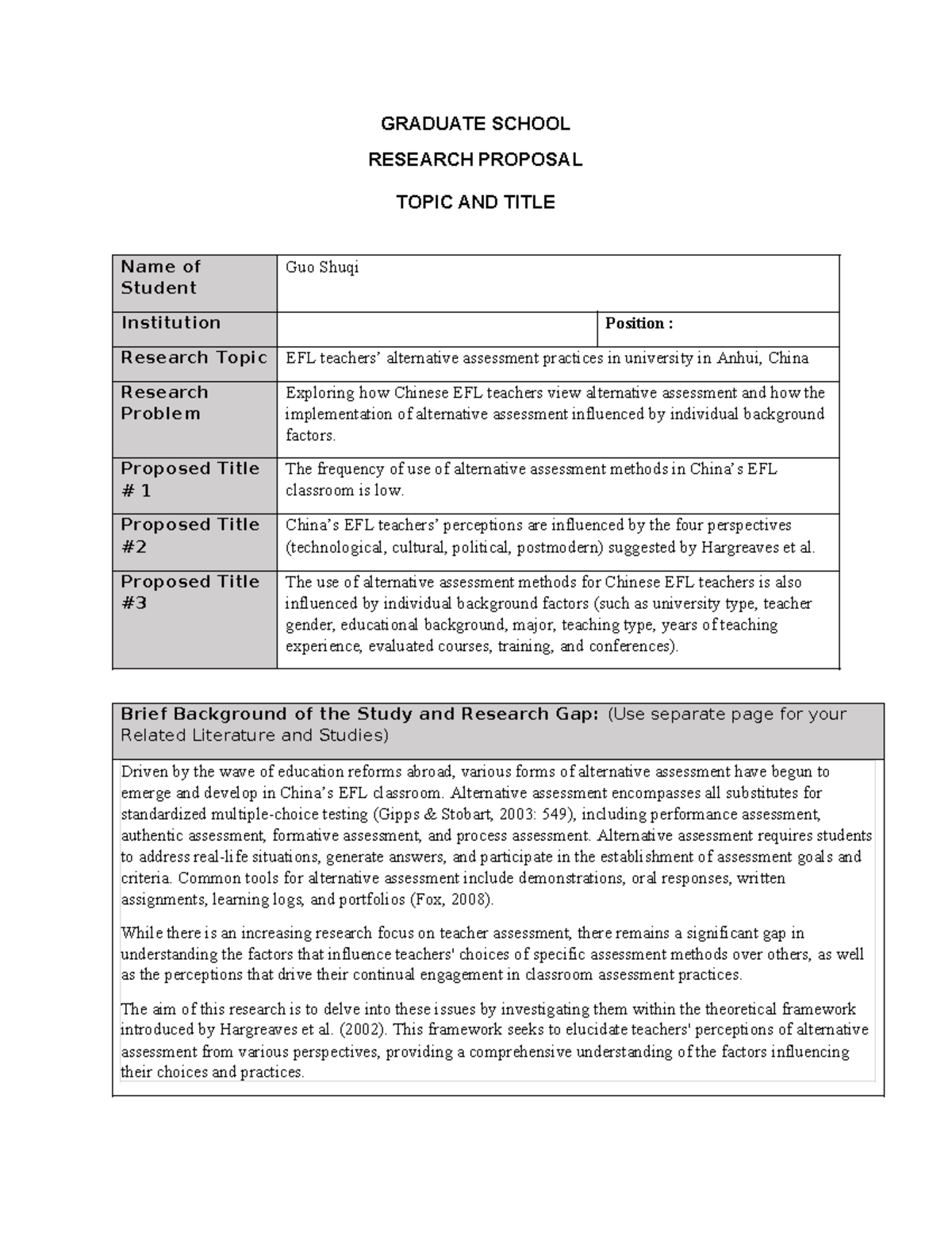 Research Proposal - GRADUATE SCHOOL RESEARCH PROPOSAL TOPIC AND TITLE ...