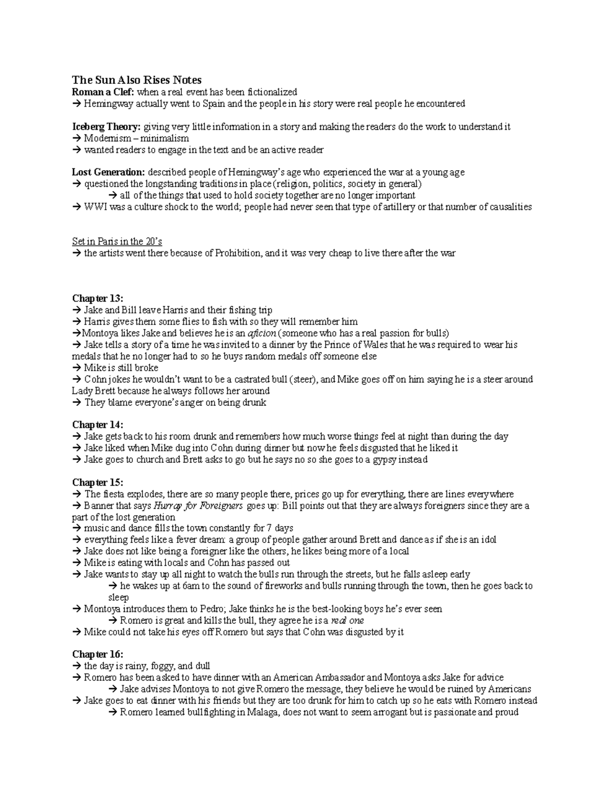 The Sun Also Rises Class Notes ENG 130 - The Sun Also Rises Notes Roman ...