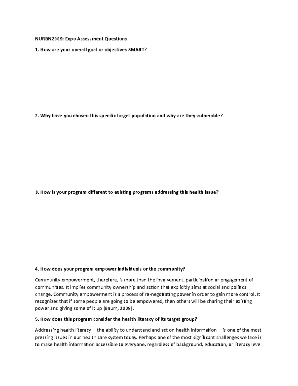 Expo questions - course work - NURBN2009: Expo Assessment Questions 1 ...