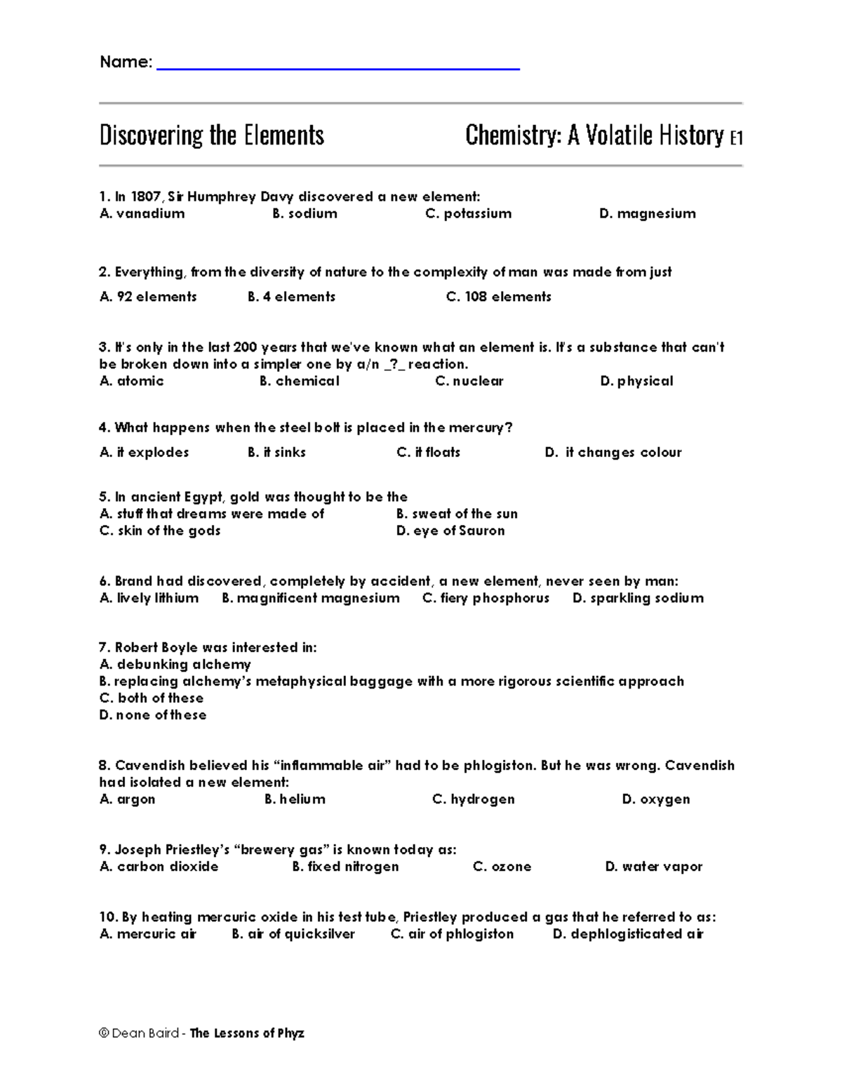 1 Discovering the Elements MC questions - Name ...