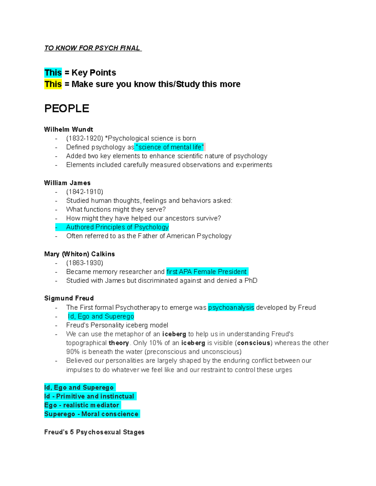 Psych 101 Final Exam Study Guide TO KNOW FOR PSYCH FINAL This Key 