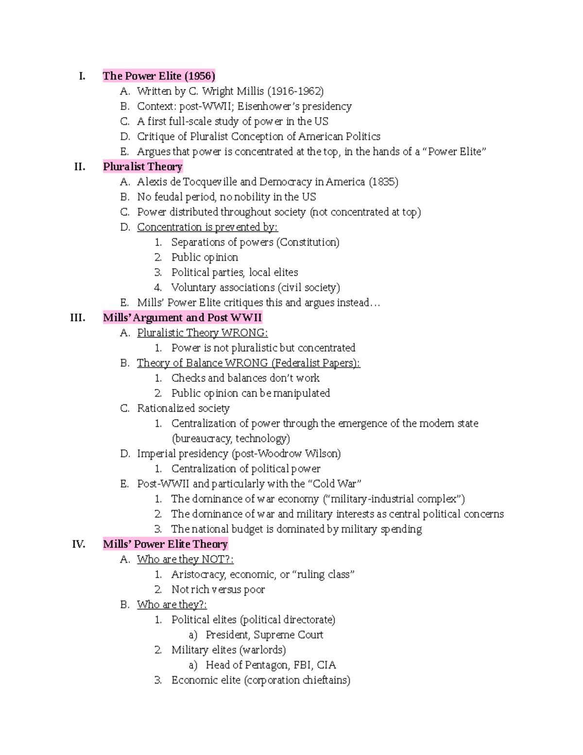 The Power Elite - Lecture notes 3 - I. The Power Elite (1956) A ...
