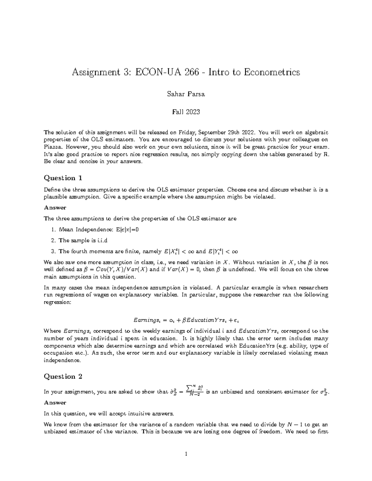 Assignment 3Sol - Copy - mino - Assignment 3: ECON-UA 266 - Intro to Econometrics Sahar Parsa ...