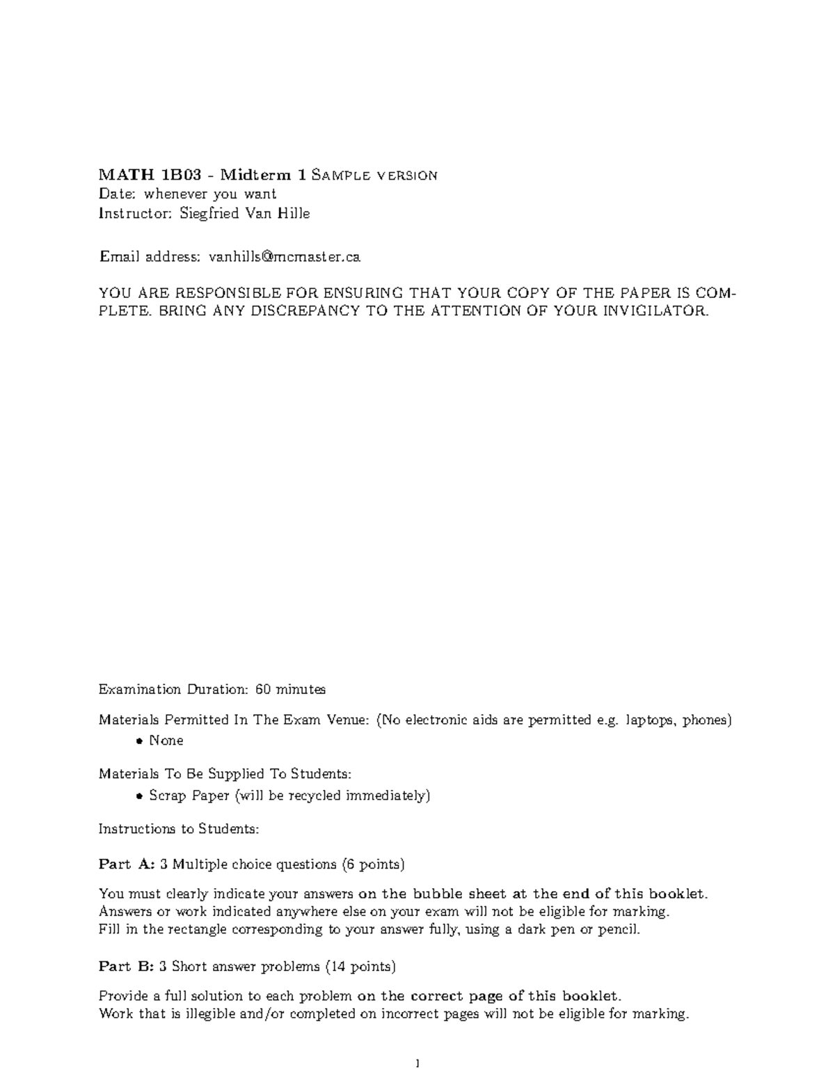 Math 1B03 Winter 2023 Midterm 1 sample test - MATH 1B03 - Midterm 1 ...