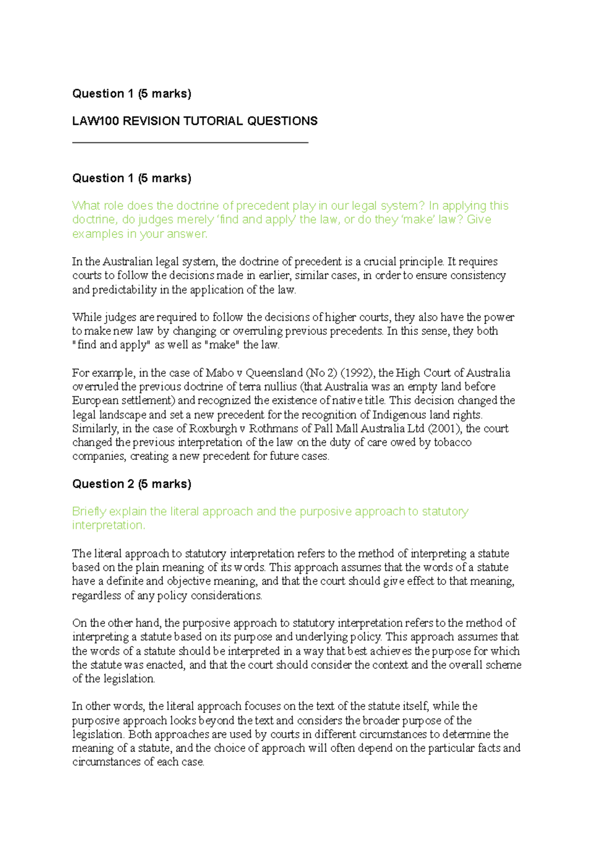 LAW100 T1 2022 Revision Tutorial - Question 1 (5 marks) LAW100 REVISION TUTORIAL QUESTIONS ...