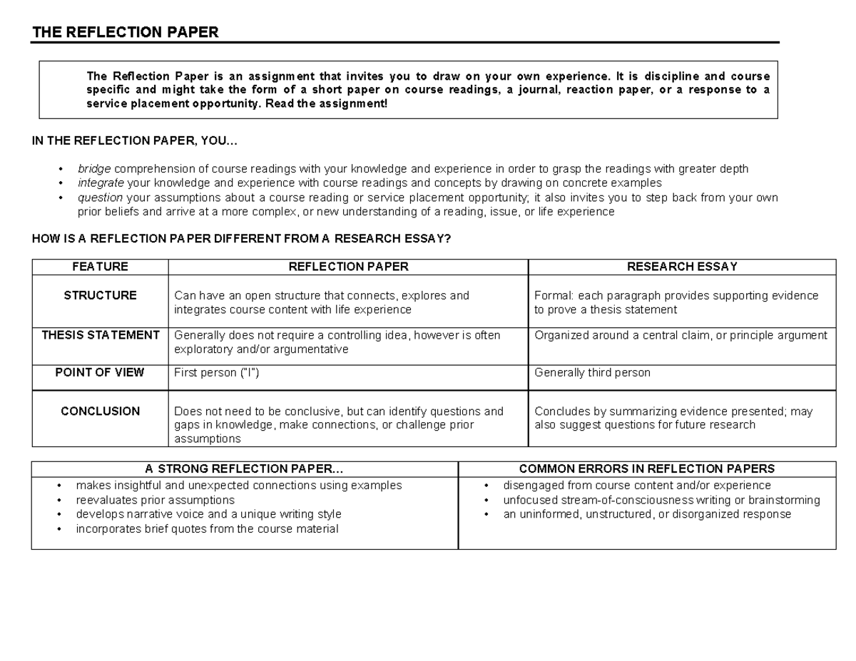 Reflection Paper Sample - THE REFLECTION PAPER ! IN THE REFLECTION ...