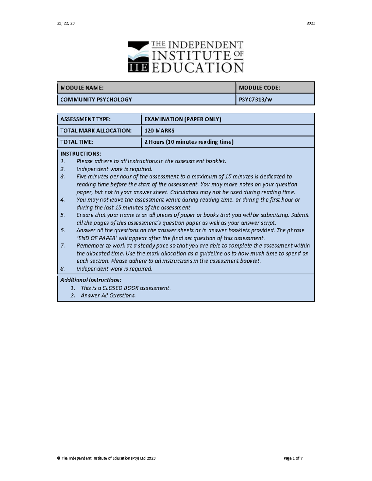 Community Psychology Past Paper 2023 - 21; 22; 23 2023 © The ...