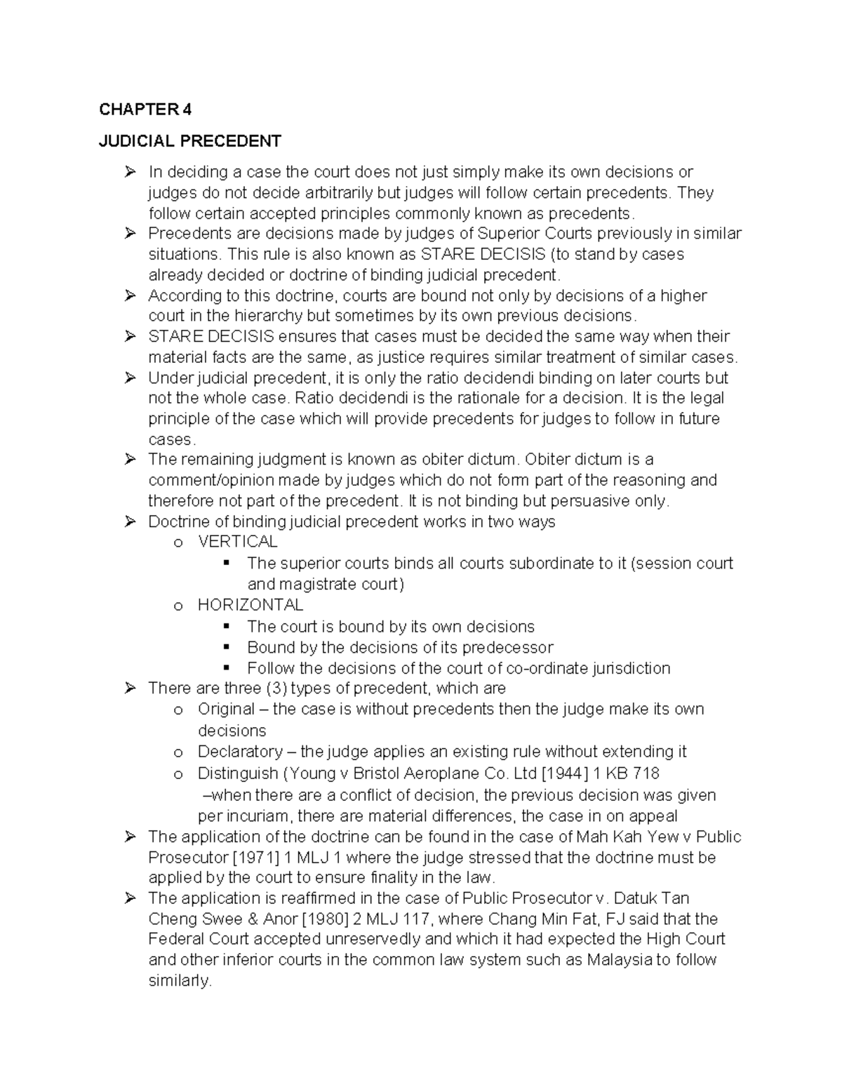 LAW 033 Final - notes - CHAPTER 4 JUDICIAL PRECEDENT In deciding a case ...