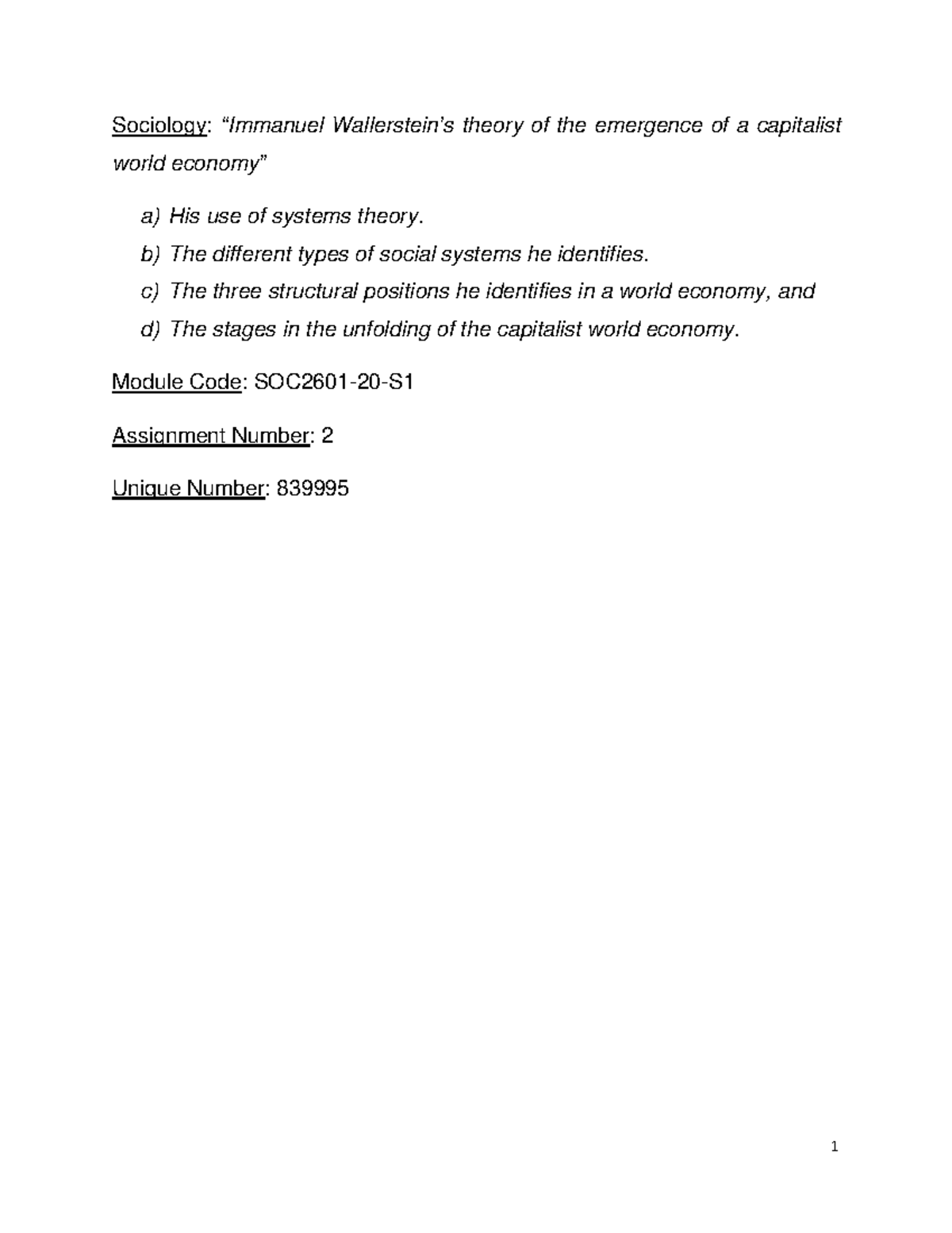 Sociology Assignment 2 (Immanuel Wallerstein's Systems Theory ...
