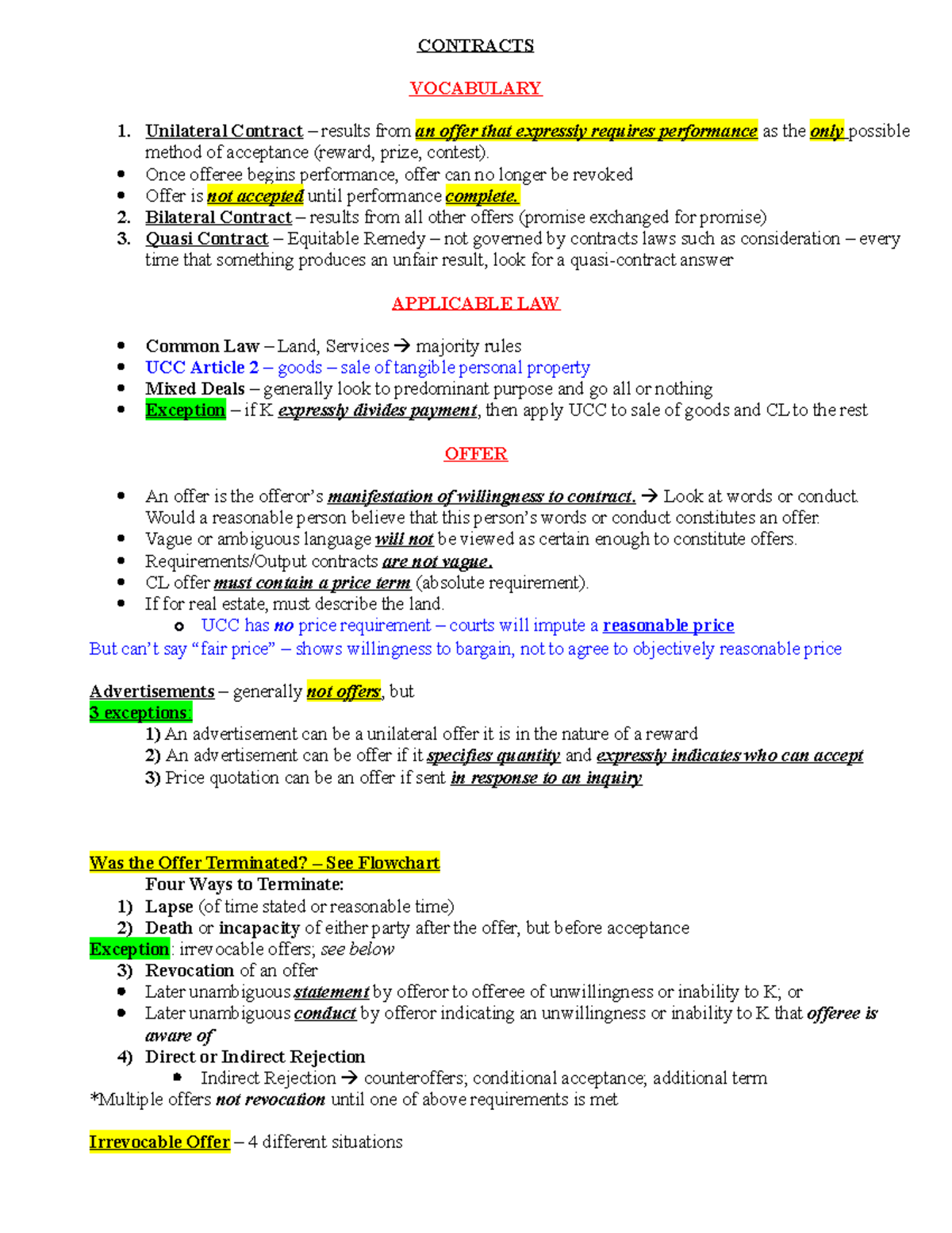 Contracts Outline- Fall 2019 - CONTRACTS VOCABULARY Unilateral Contract – results from an offer ...