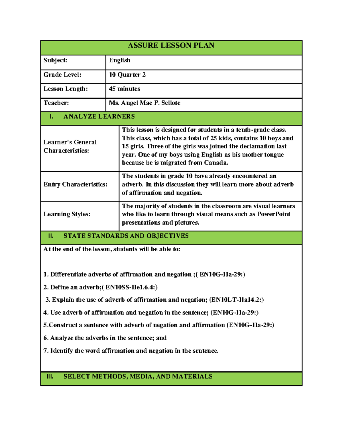 Lp midterm - HOPE TO HELP YOU - ASSURE LESSON PLAN Subject: English ...
