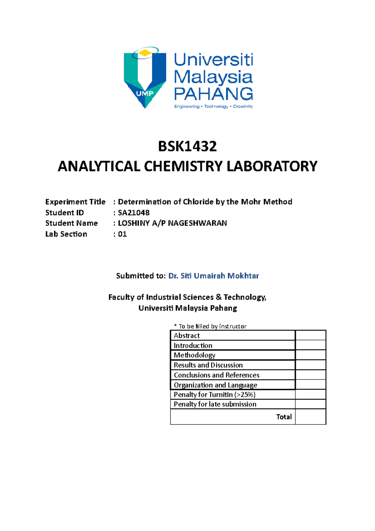 Experiment 5 analtical chemistry lab report - BSK ANALYTICAL CHEMISTRY ...