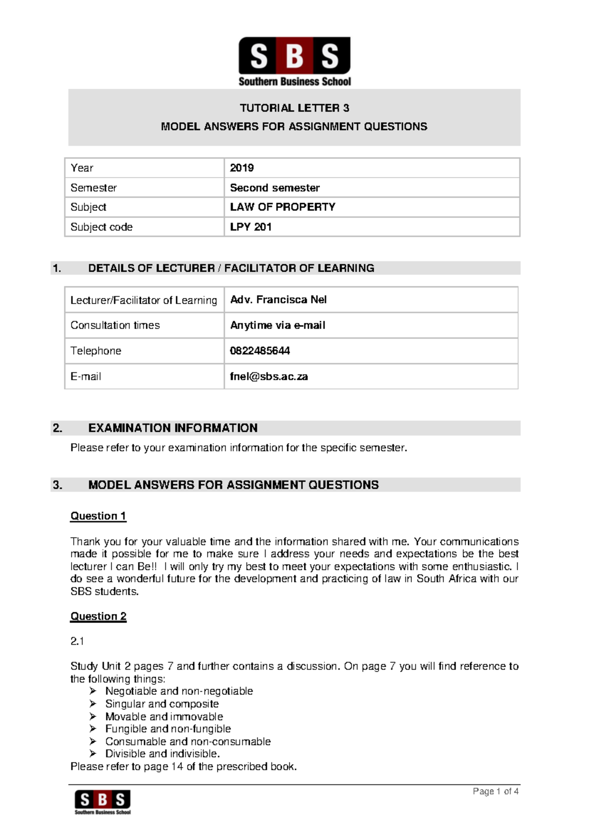 LPY201 2019 02 TL - Exam paper - TUTORIAL LETTER 3 MODEL ANSWERS FOR ...