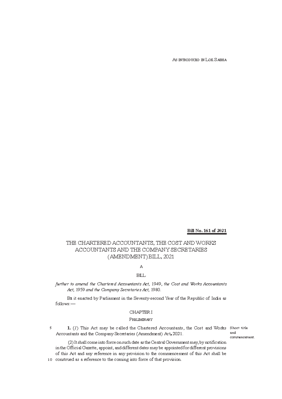 CA, CWA and CS (Amendment) Bill, 2021 introduced in Lok Sabha - Bill No ...