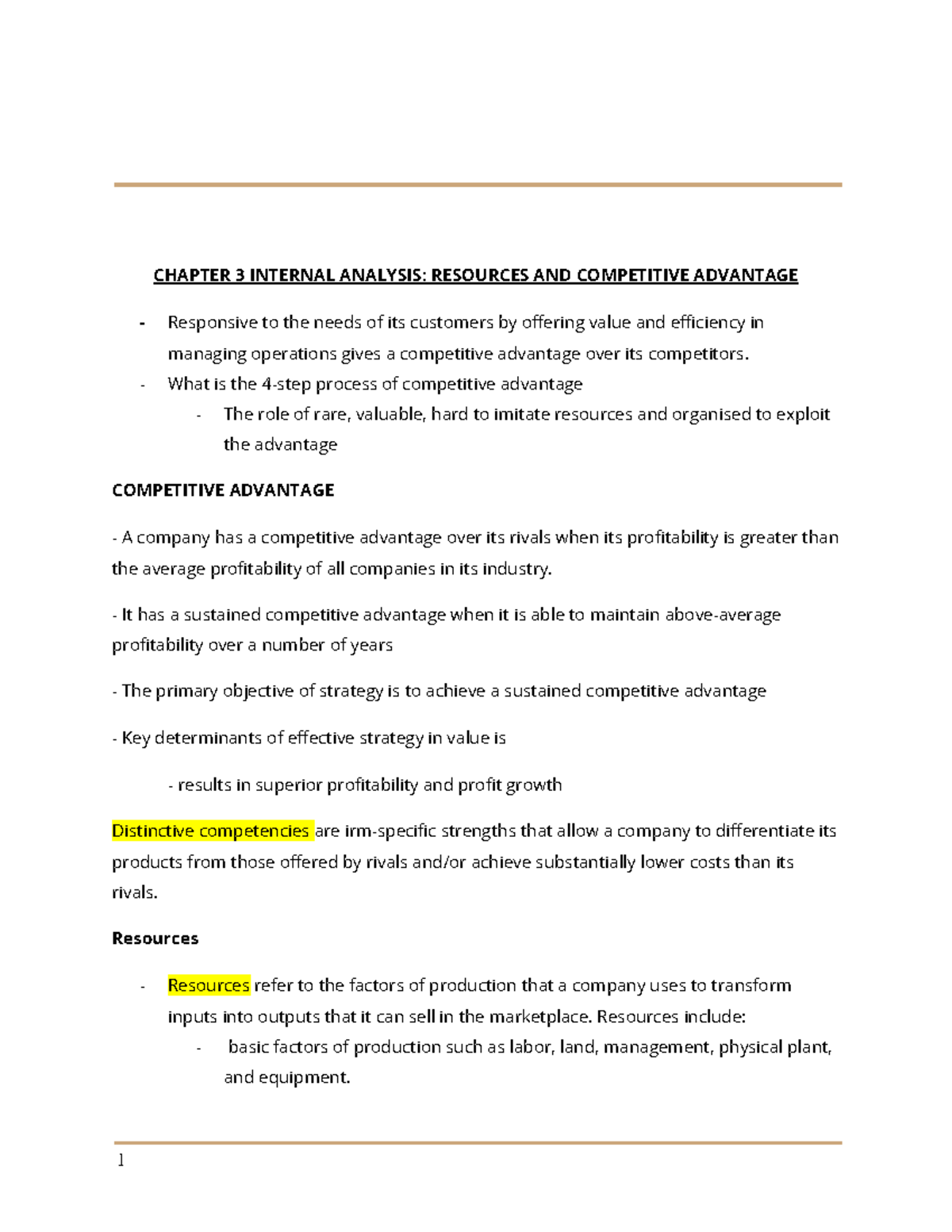 Strategic managememt CH - CHAPTER 3 INTERNAL ANALYSIS: RESOURCES AND ...