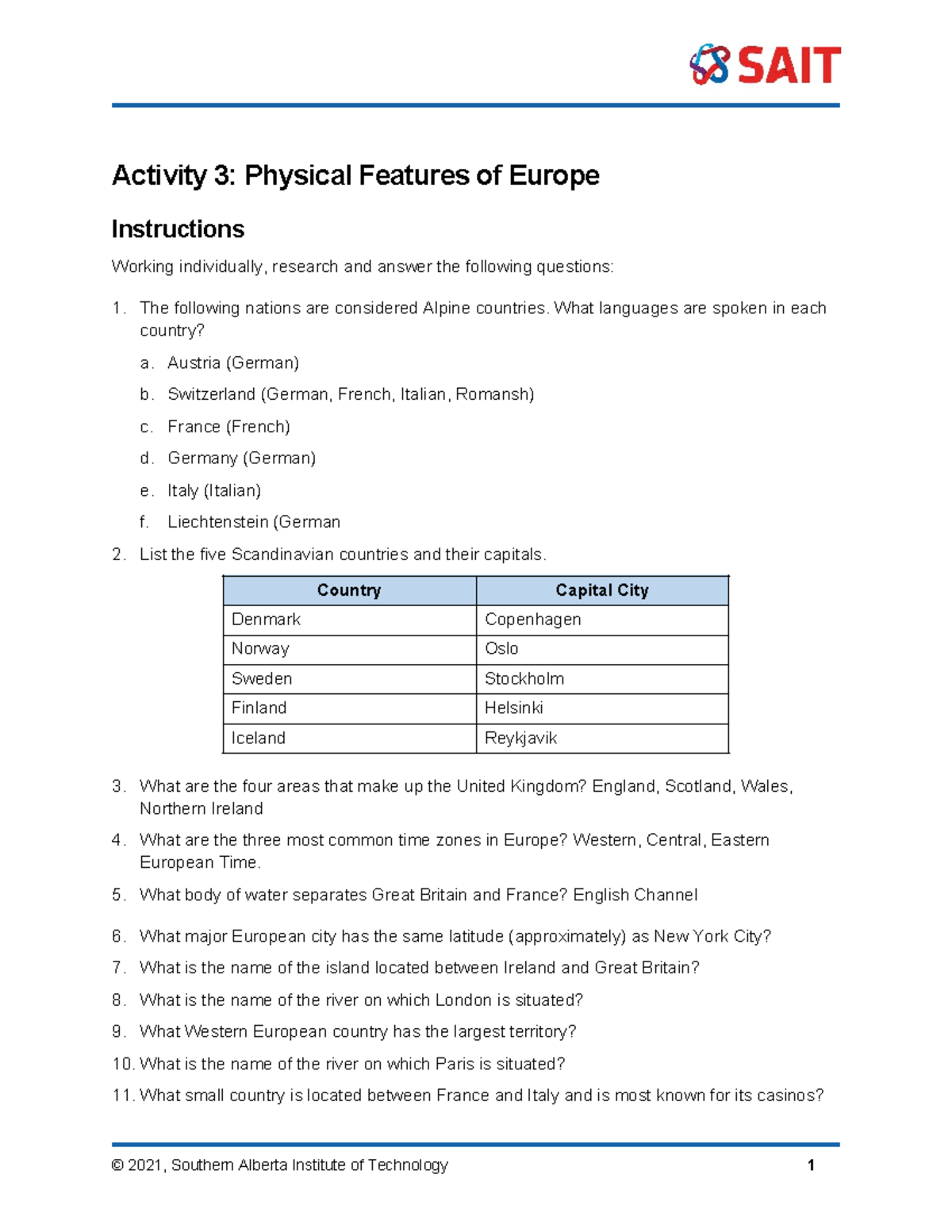 Activity 3 Physical Features of Europe - Activity 3: Physical Features ...