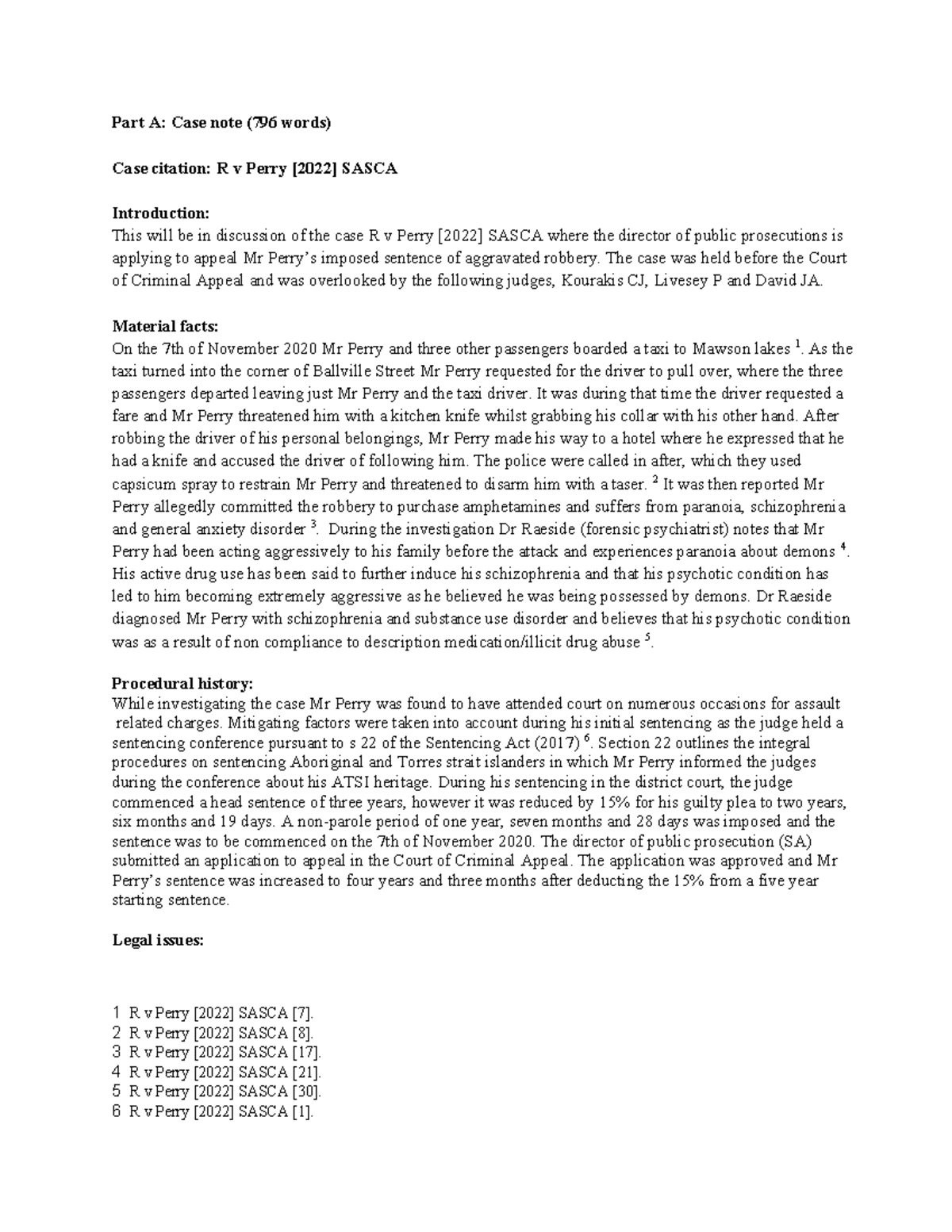 Law case note R v Perry 2022 Sasca - Part A: Case note (796 words) Case ...