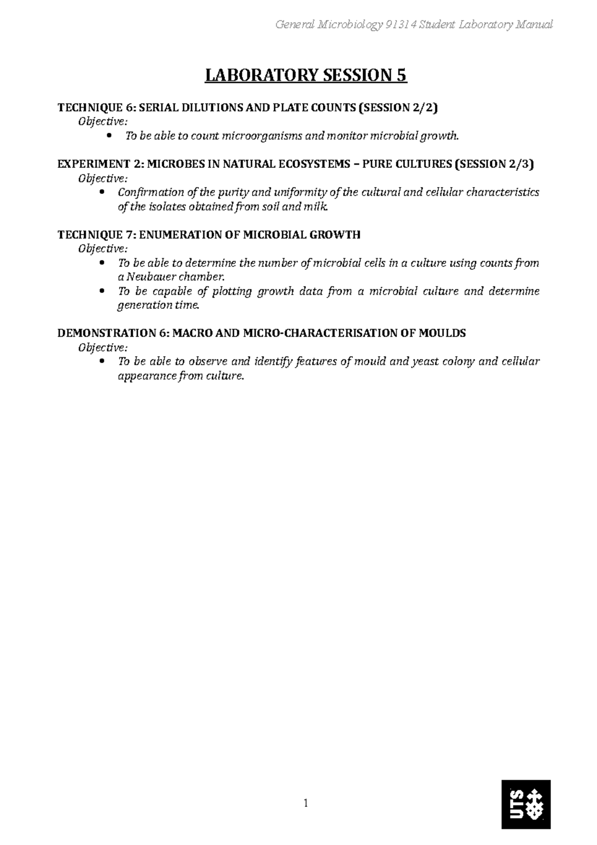 Gen Microbiology Laboratory Session 5 Student Worksheet - LABORATORY ...