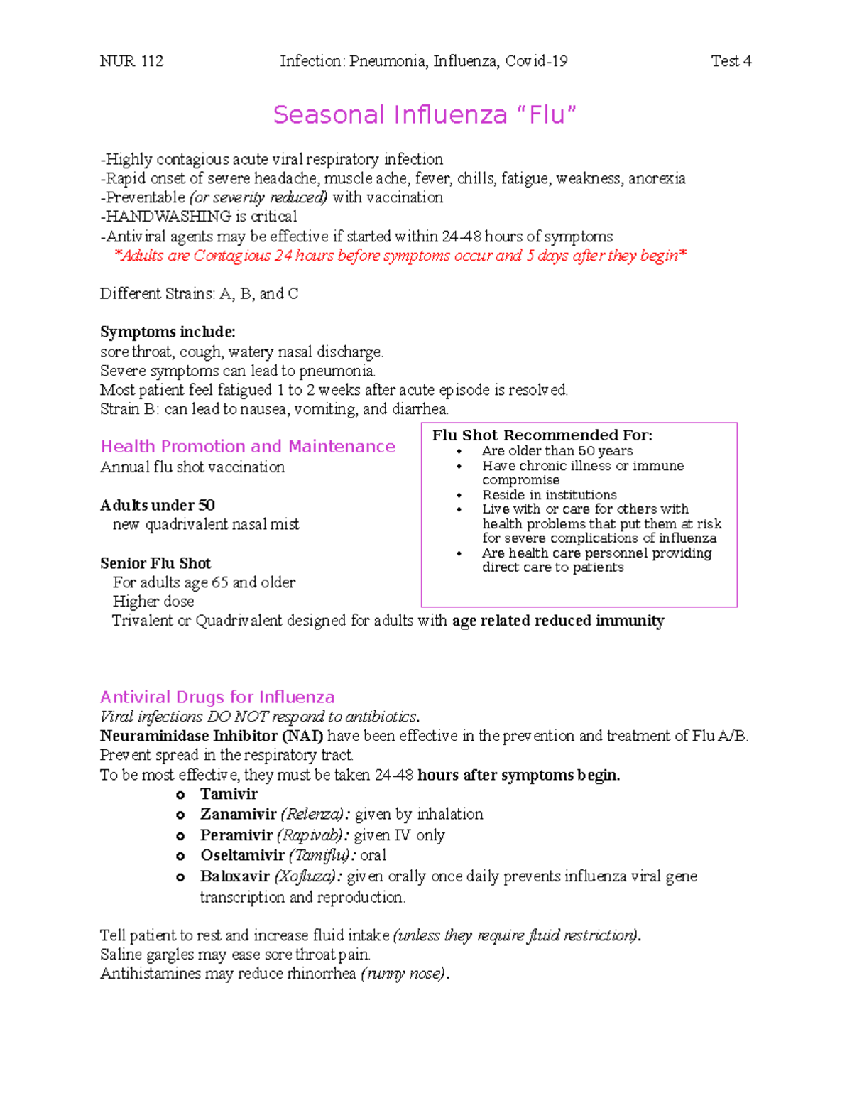 Influenza - nursing - Seasonal Influenza “Flu” -Highly contagious acute ...