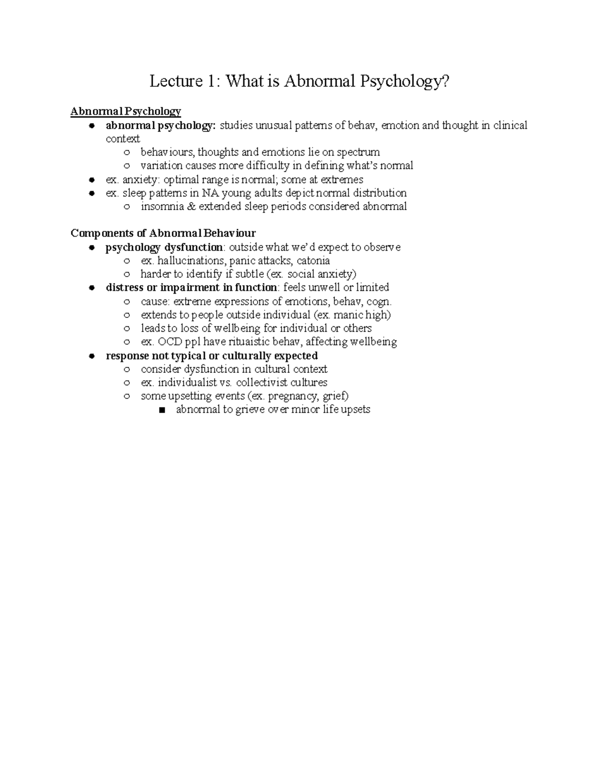 LECTURE 1 NOTES - Lecture 1: What is Abnormal Psychology? Abnormal ...