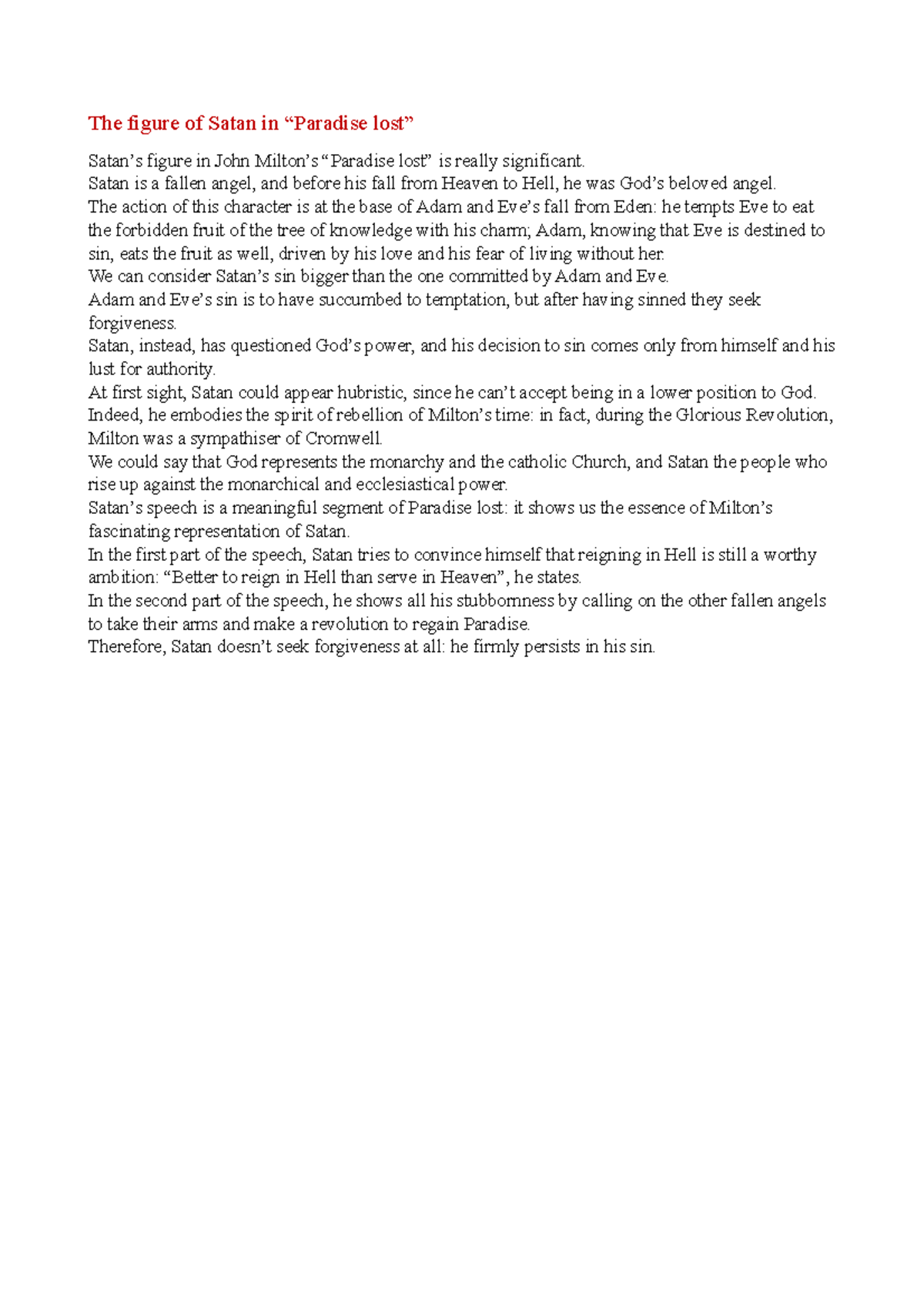 The figure of Satan in Paradise lost - The figure of Satan in “Paradise ...