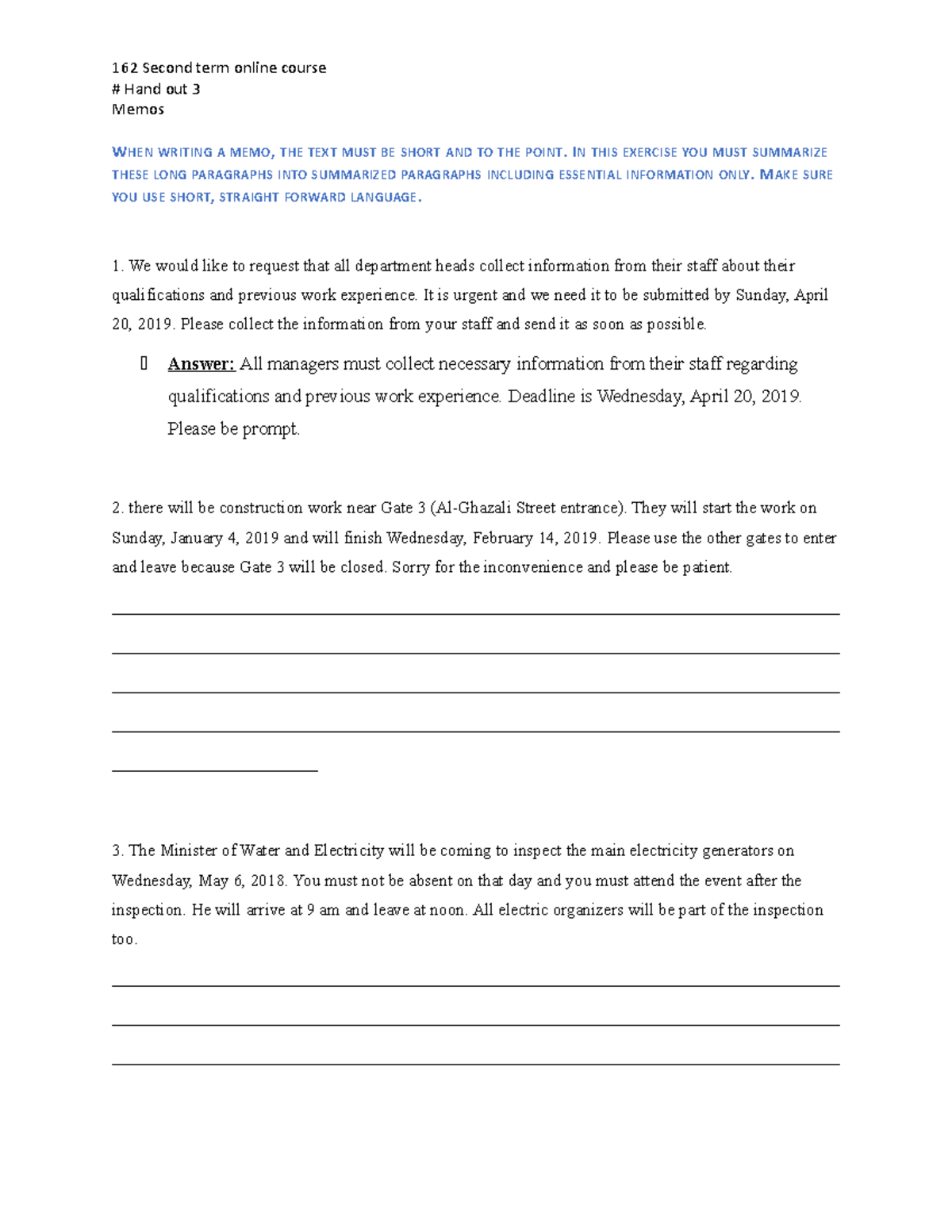 Memos - memo sample question - 162 Second term online course Hand out 3 ...