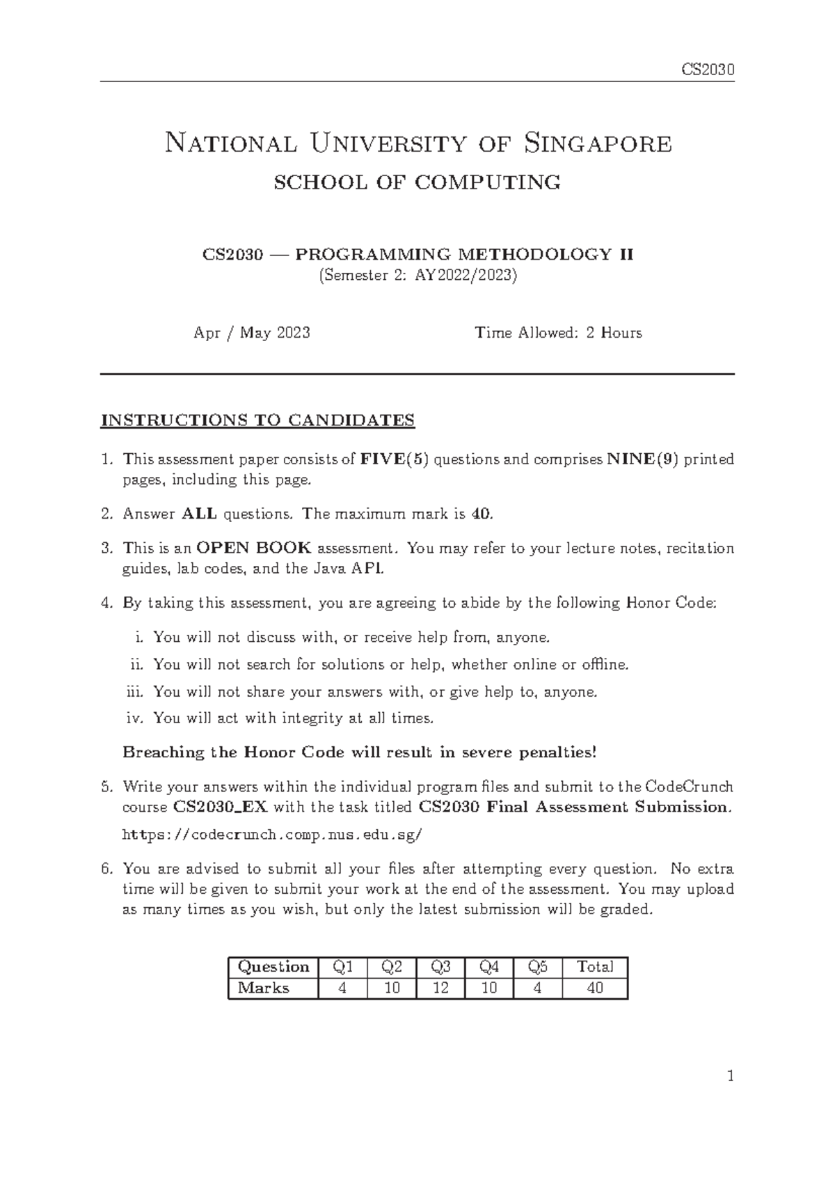 Questions - CS2030 practice paper - National University of Singapore ...