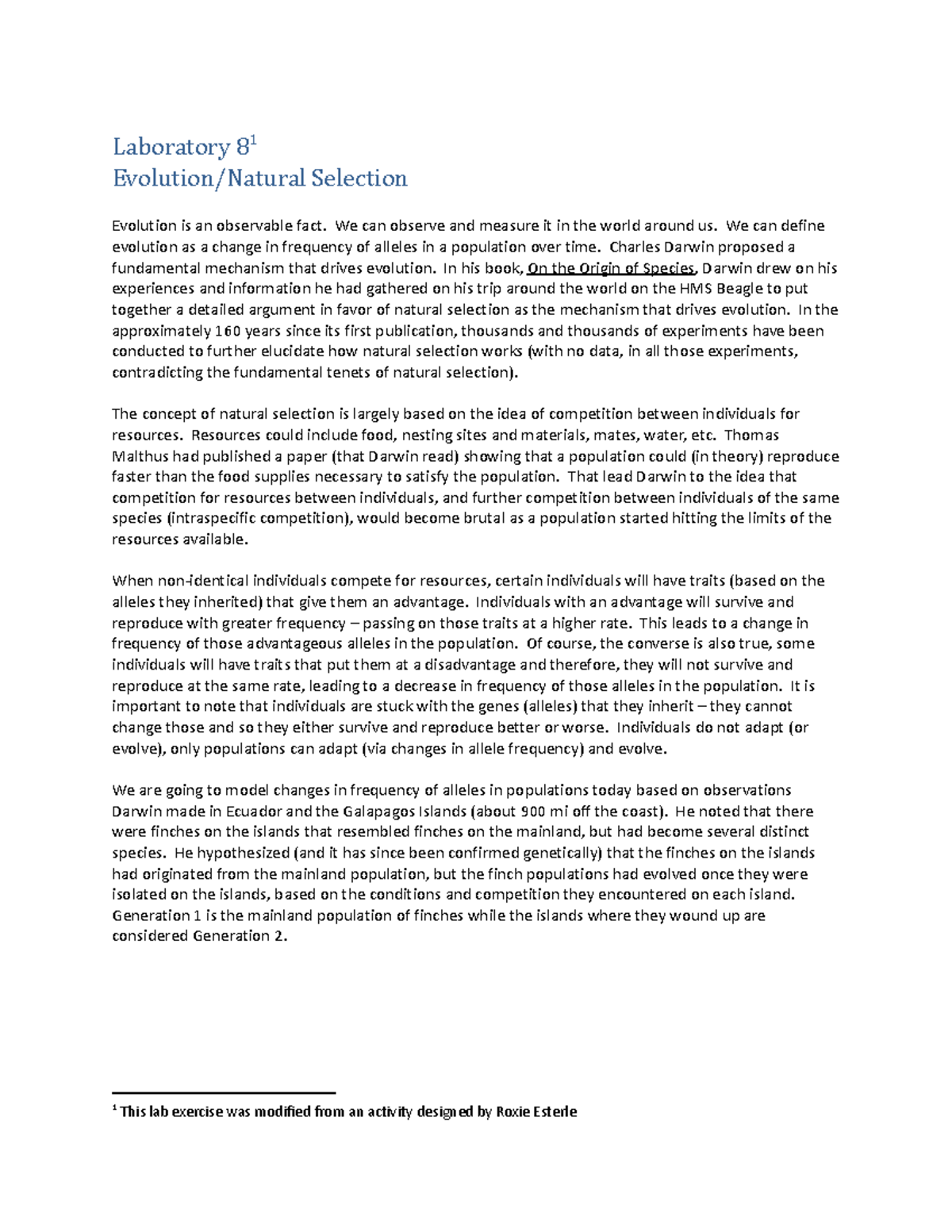 BIOL 100 Lab 8 - Evolution/Natural Selection - Laboratory 8 1 Evolution ...