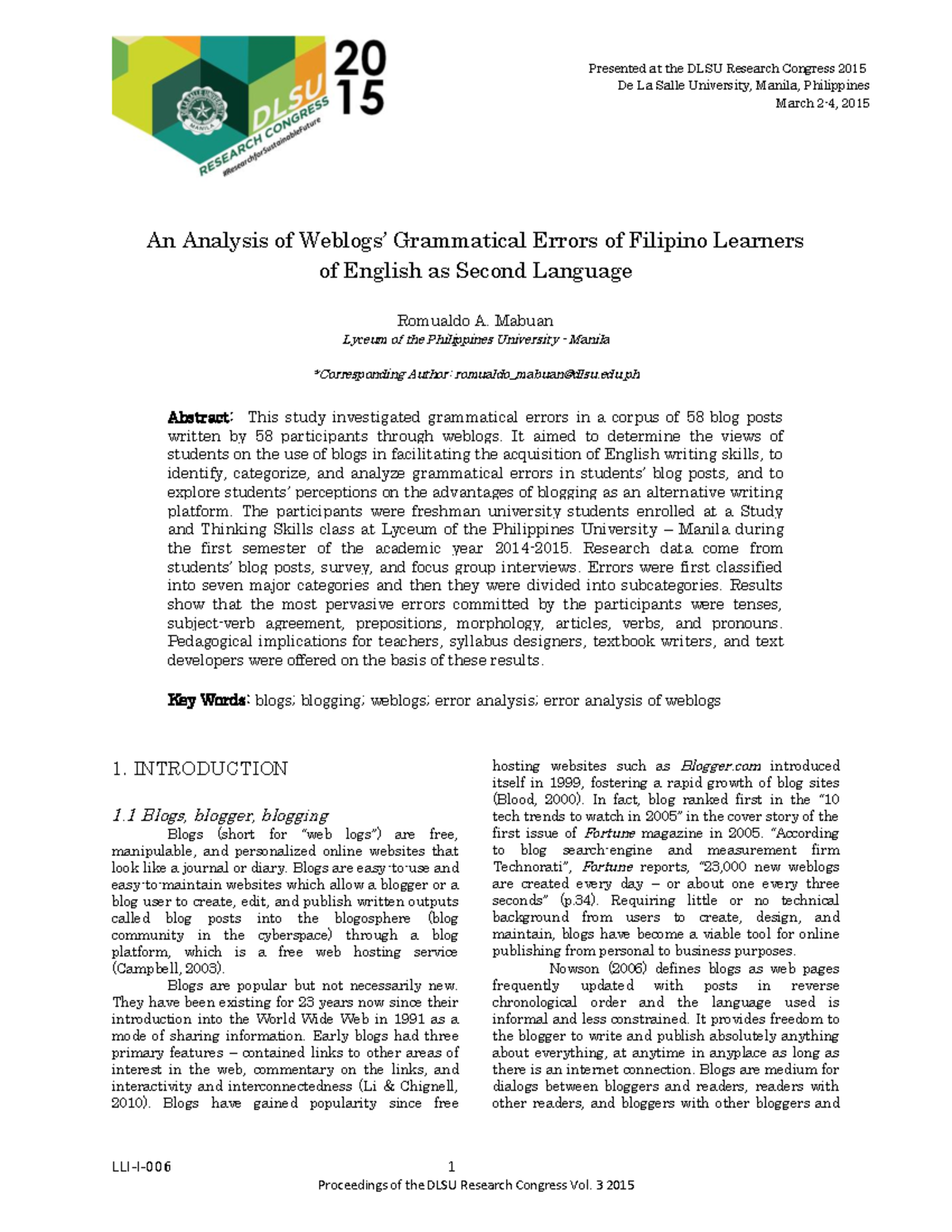 AN Analysis OF Weblog’S Grammatical Errors OF Filipino Learners OF ...