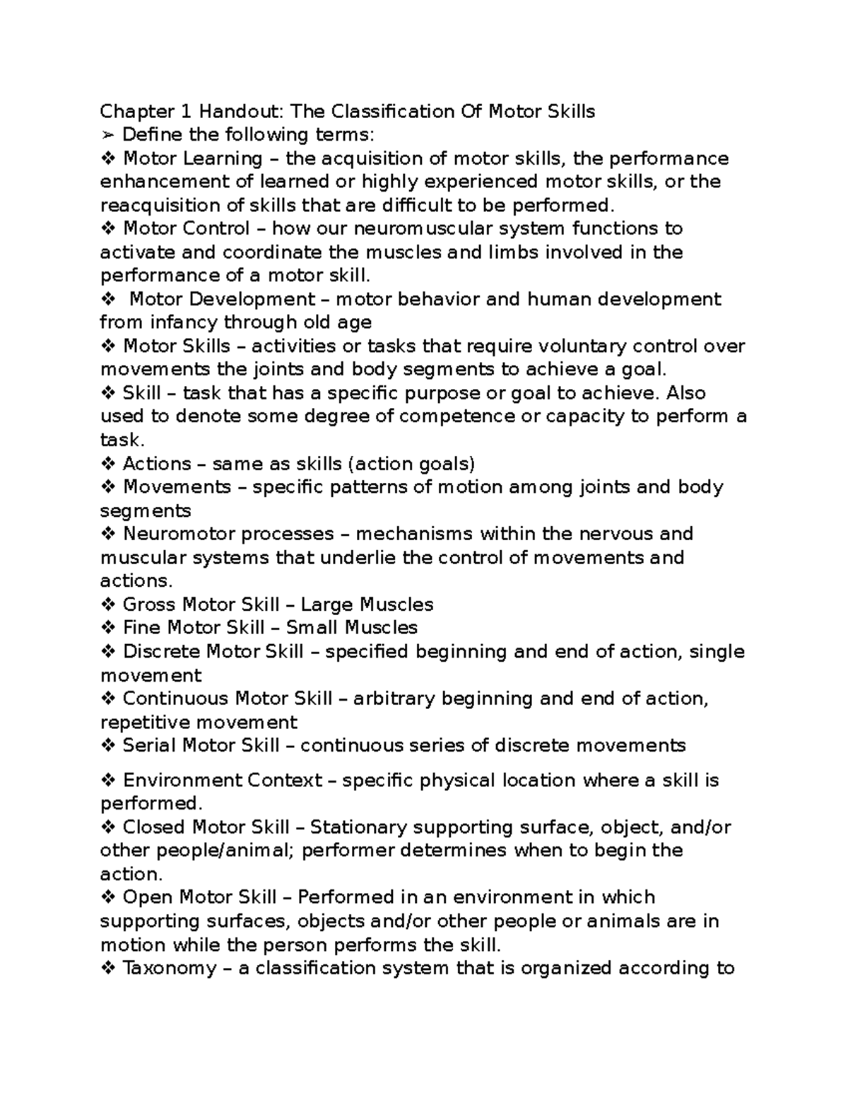 chapter 1 handout - Chapter 1 Handout: The Classification Of Motor ...