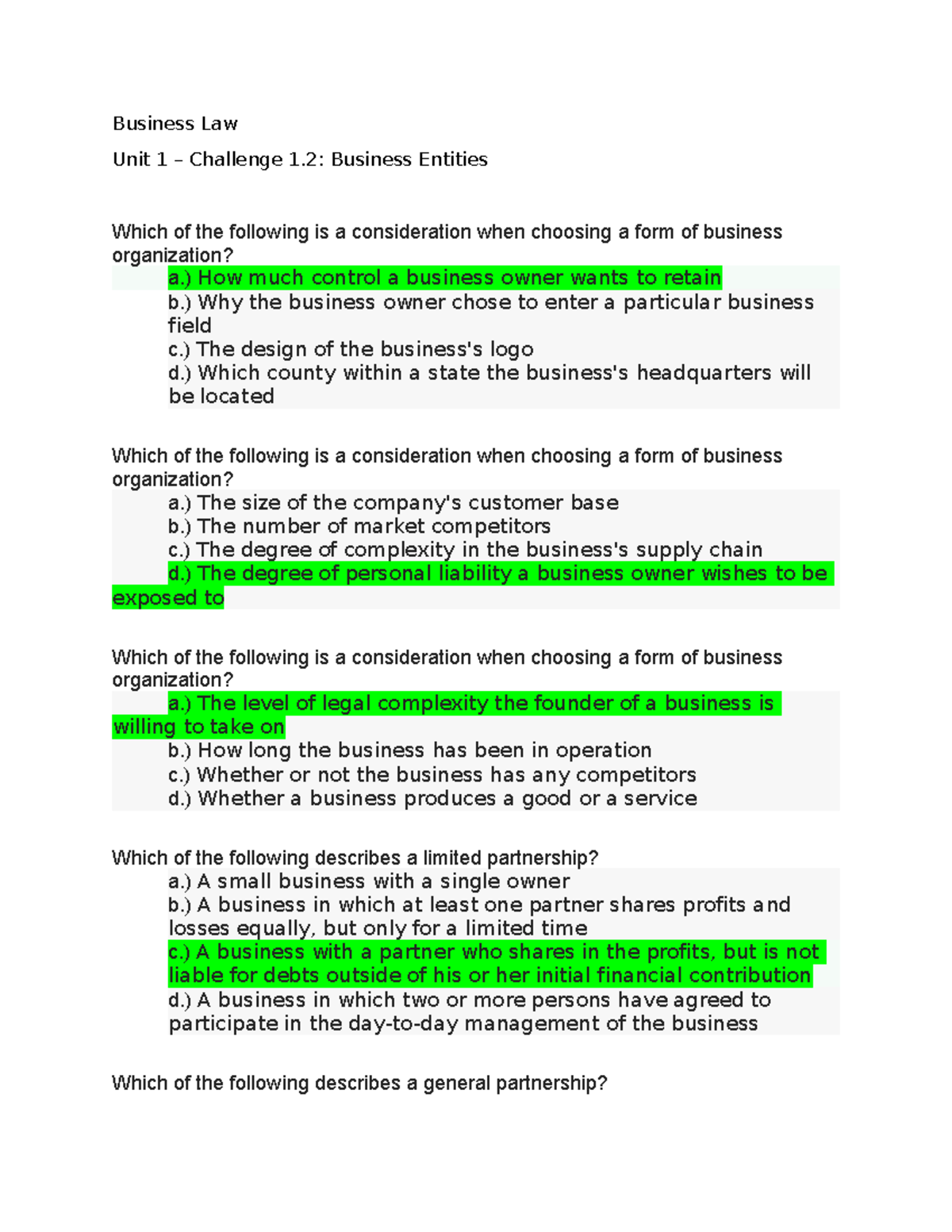 Business Law Unit 1 Challenge 1.2 Business Entities - Business Law Unit 1 – Challenge 1 ...