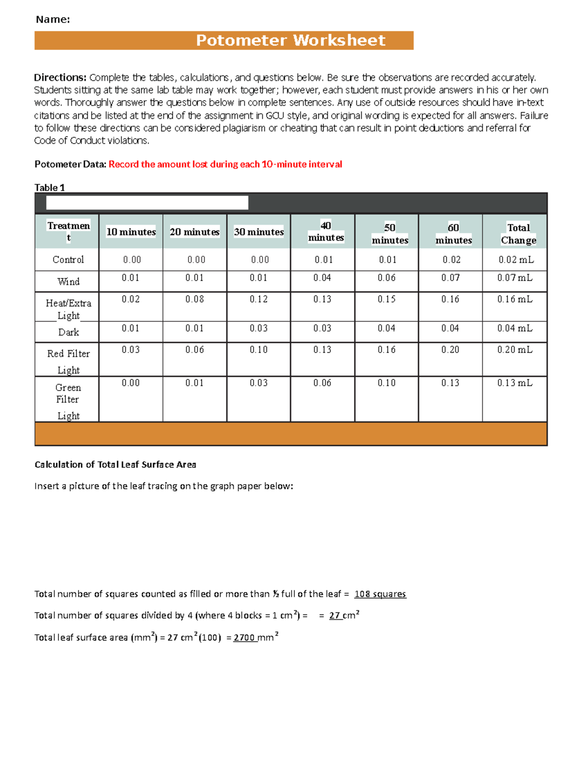 W6 Potometer Worksheet - Directions: Complete the tables, calculations ...