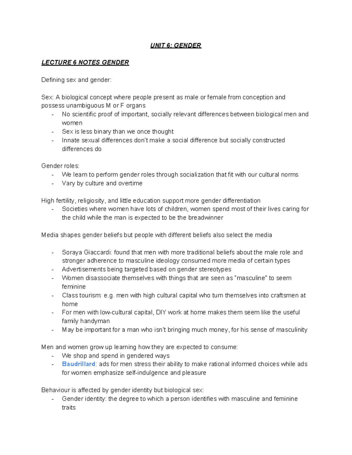 UNIT 6 Gender - Summary Introduction to Sociology - UNIT 6: GENDER ...