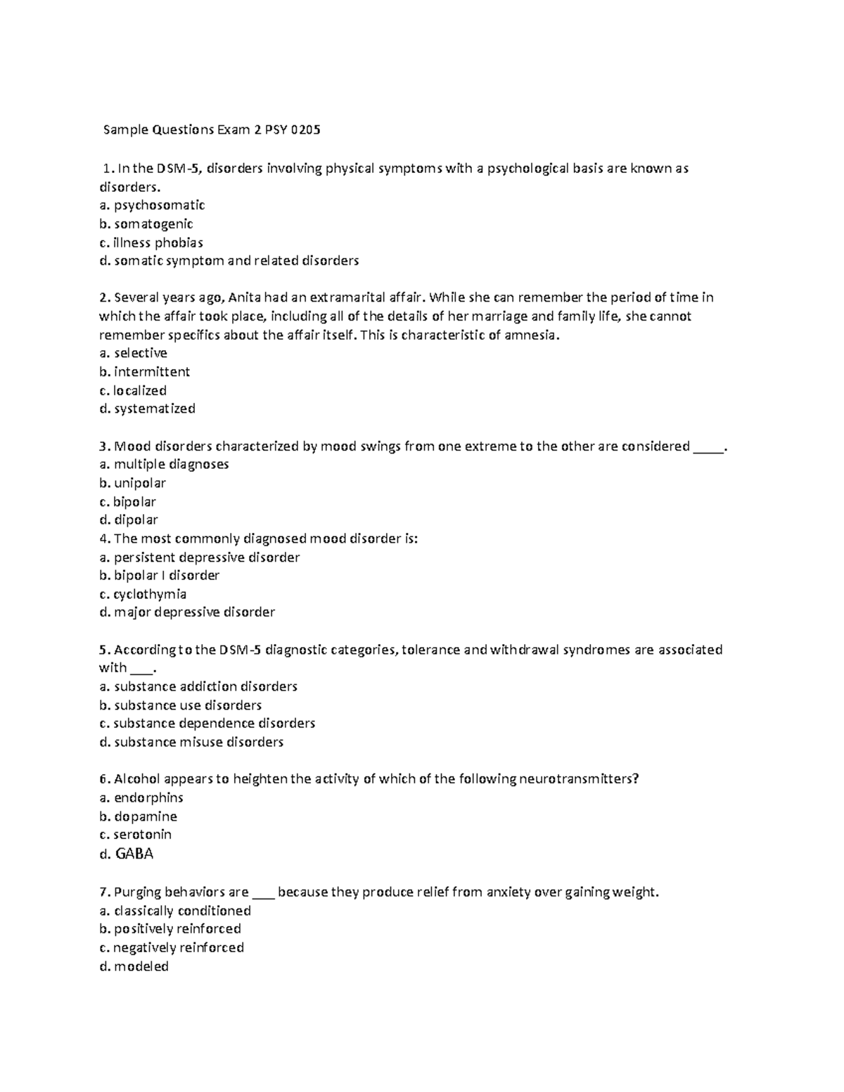 Sample Questions Exam 2 PSY 0205 - Sample Questions Exam 2 PSY 0205 In ...