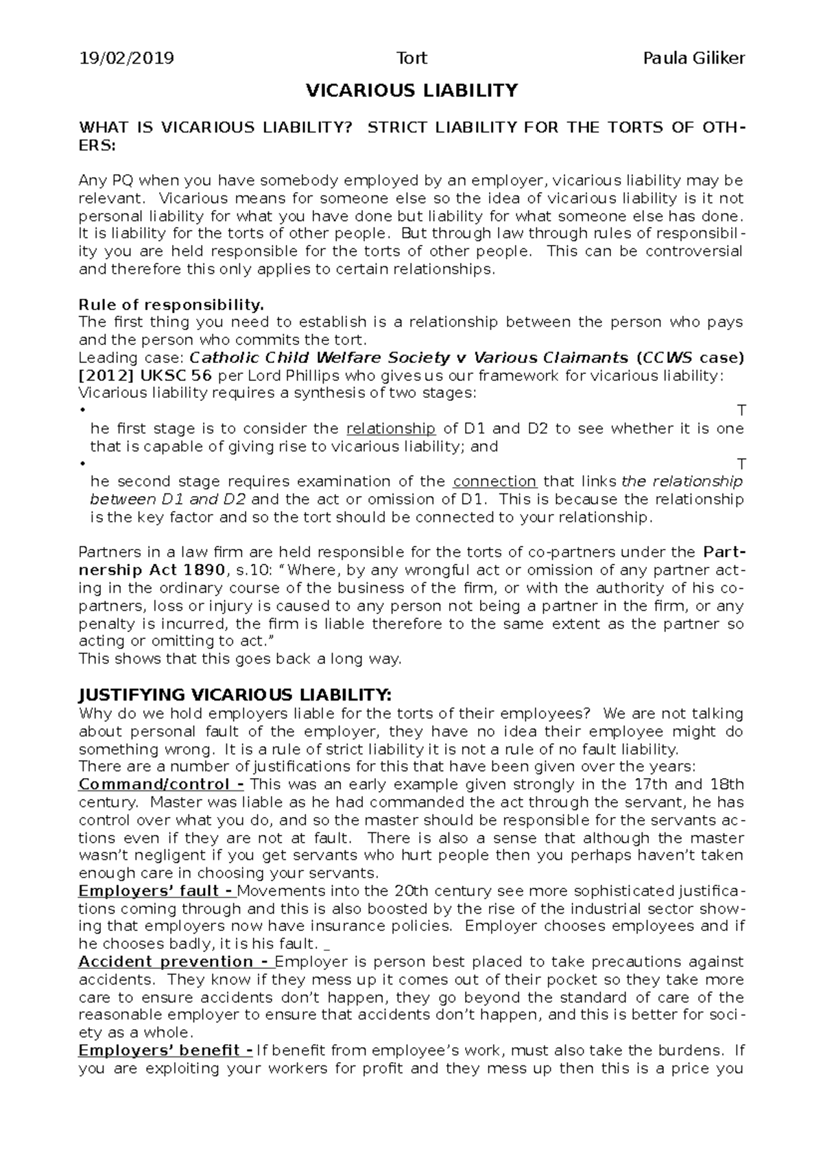 Vicarious Liability - notes - VICARIOUS LIABILITY WHAT IS VICARIOUS ...