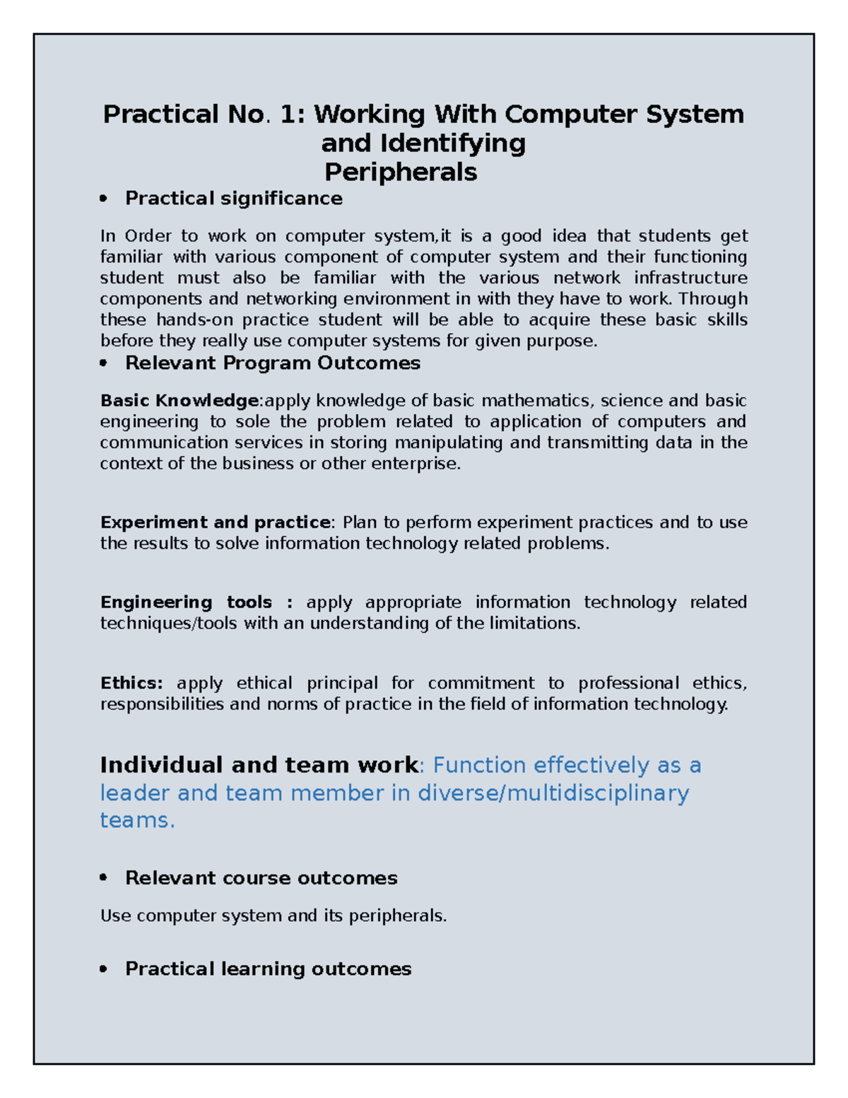Kalyani Ravsaheb Somase - Practical No. 1: Working With Computer System and Identifying ...