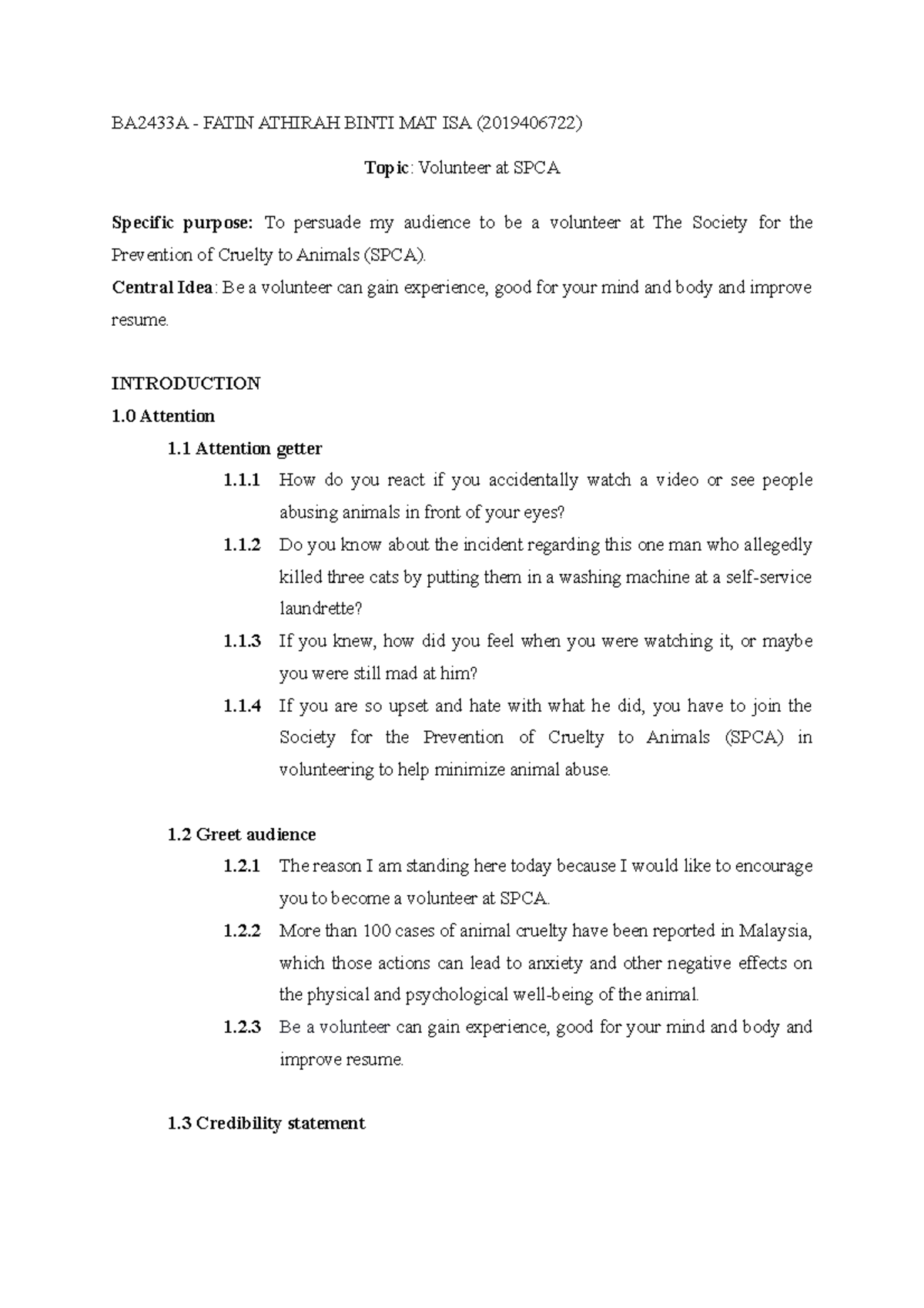 Volunteer at SPCA - PERSUASIVE SPEECH (EXAMPLE) - English For Oral ...