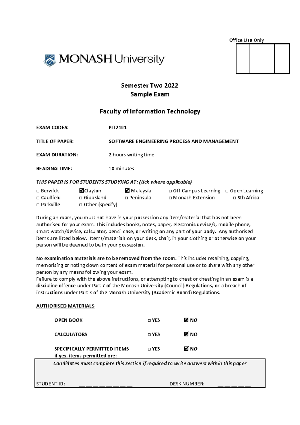 FIT2101-22-S2-Sample Examination Answers and Marking Guide - Office Use ...