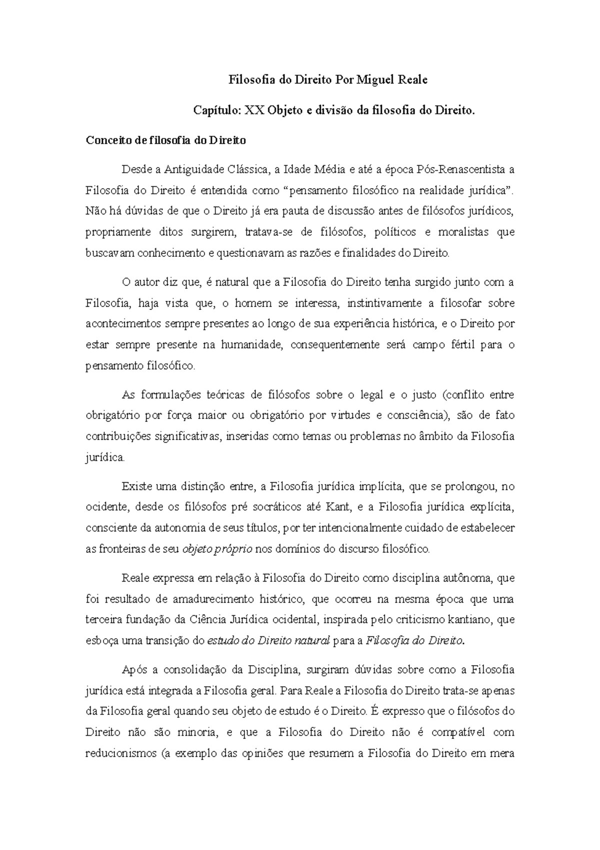 Resumo filosofia do Direito Miguel Reale início do capítulo XX ...