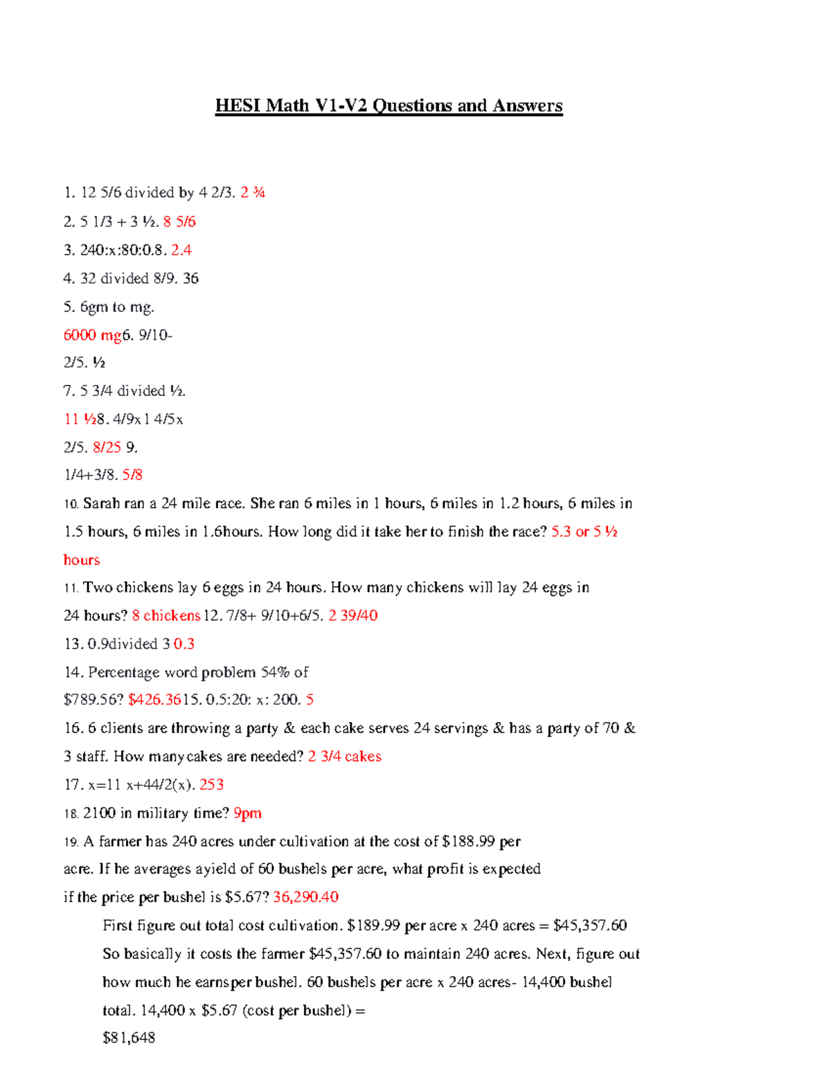 Hesi Math V1 V2 Questions And Answers HESI Math V1 V2 Questions And 