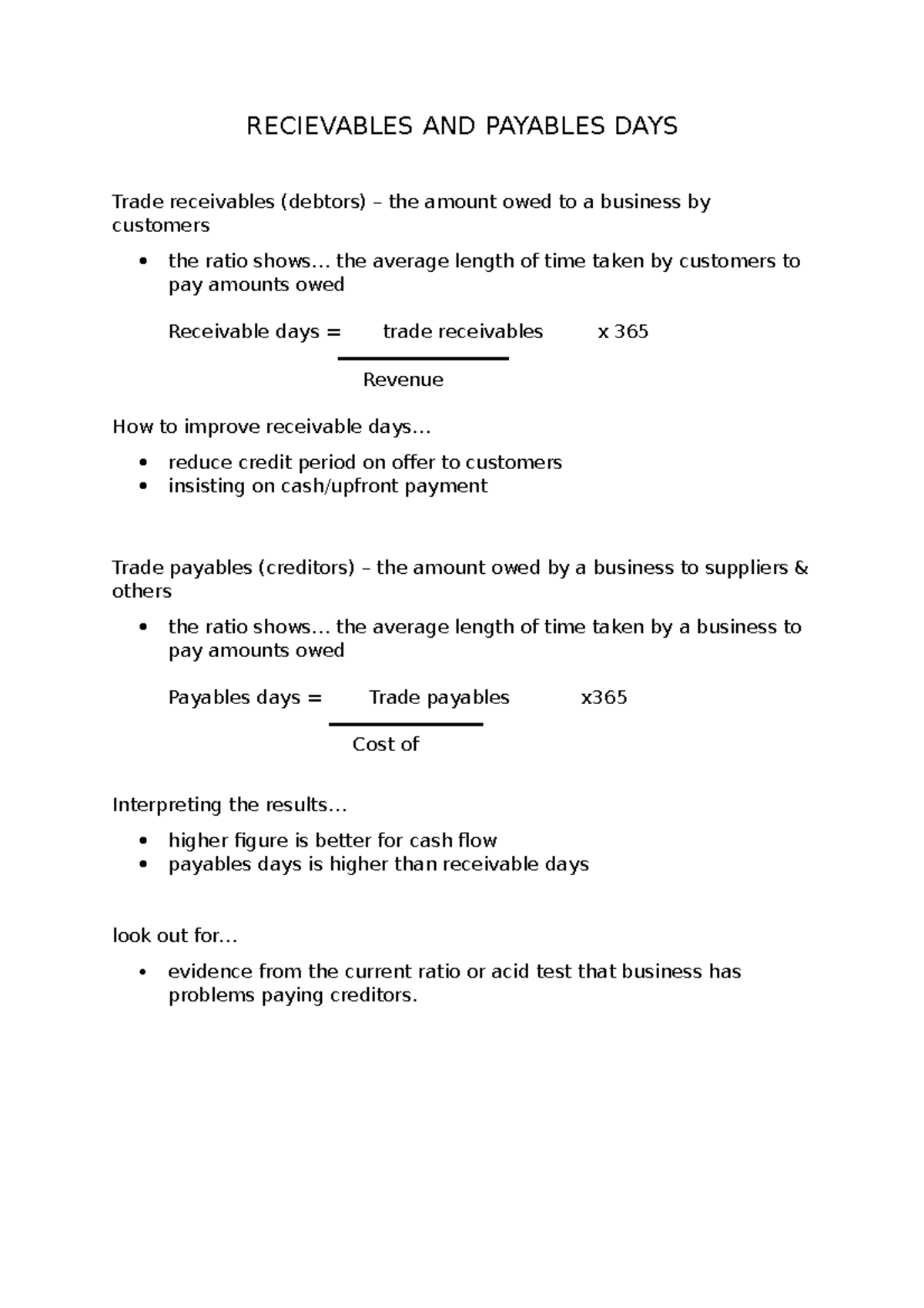 Trade receivables and payables days - RECIEVABLES AND PAYABLES DAYS ...