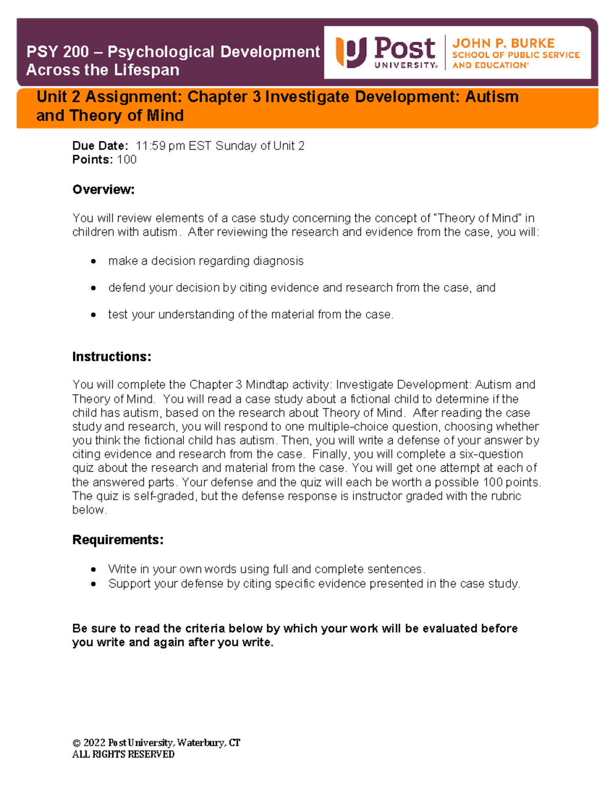 PSY200 Unit 2 Assignment - © 2022 Post University, Waterbury, CT ALL ...
