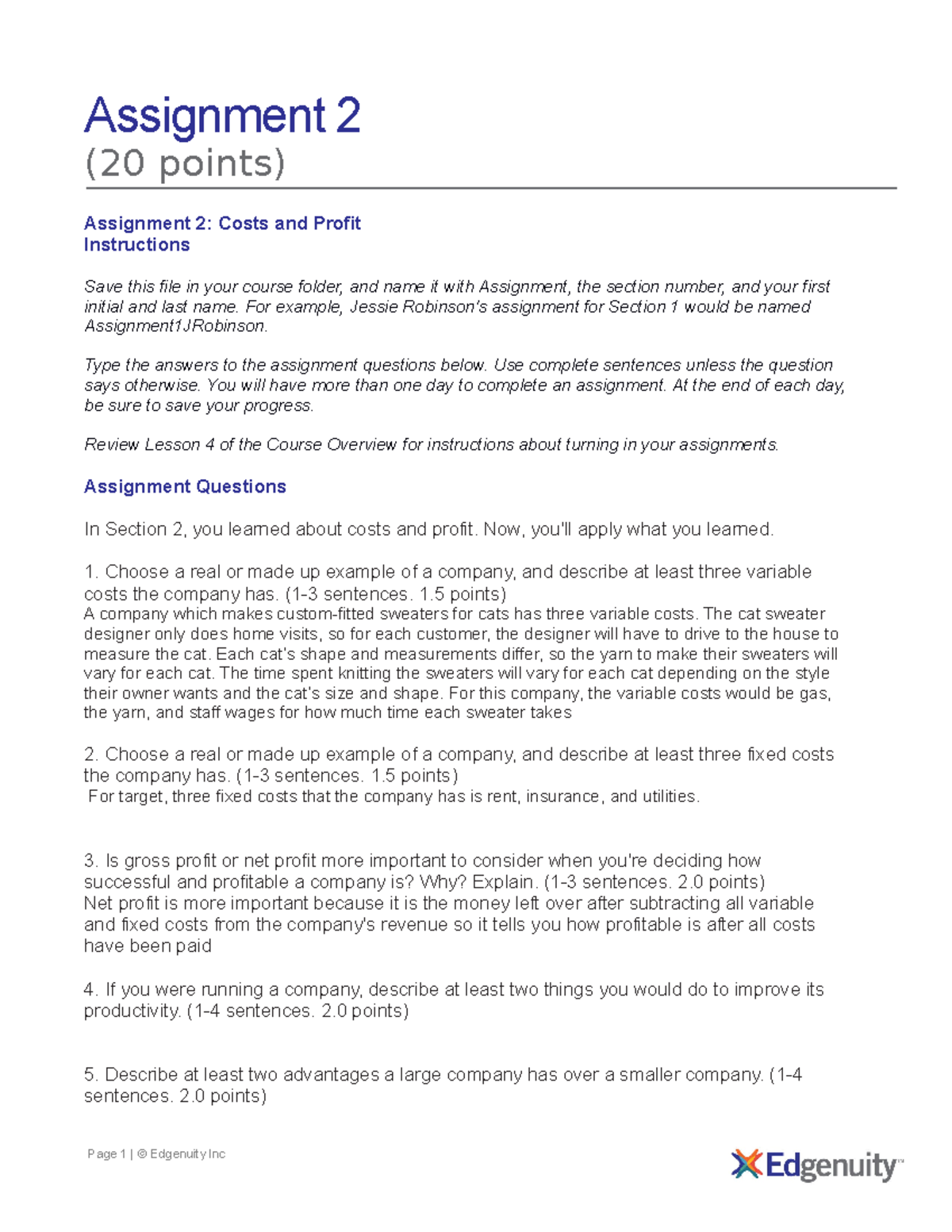 business bs for edge - Assignment 2 (20 points) Assignment 2: Costs and ...